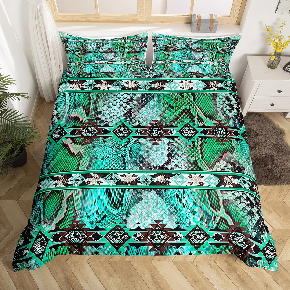 Snake Bedding Set Green Snake Hide Duvet Cover Exotic Ethnic Tribal ...