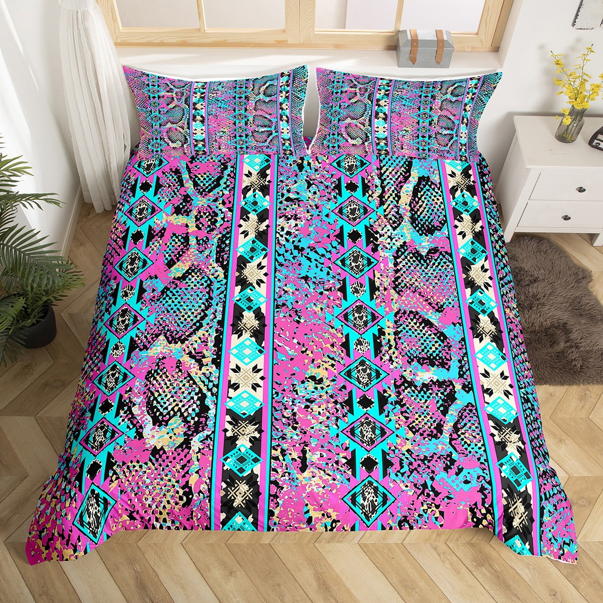 Snake Bedding Set Purple Teal Snake Hide Comforter Cover Exotic Ethnic ...