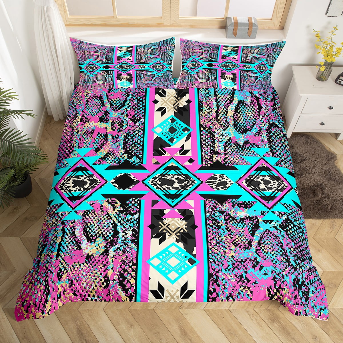 Snake Bedding Set Purple Teal Snake Hide Comforter Cover Exotic Ethnic ...