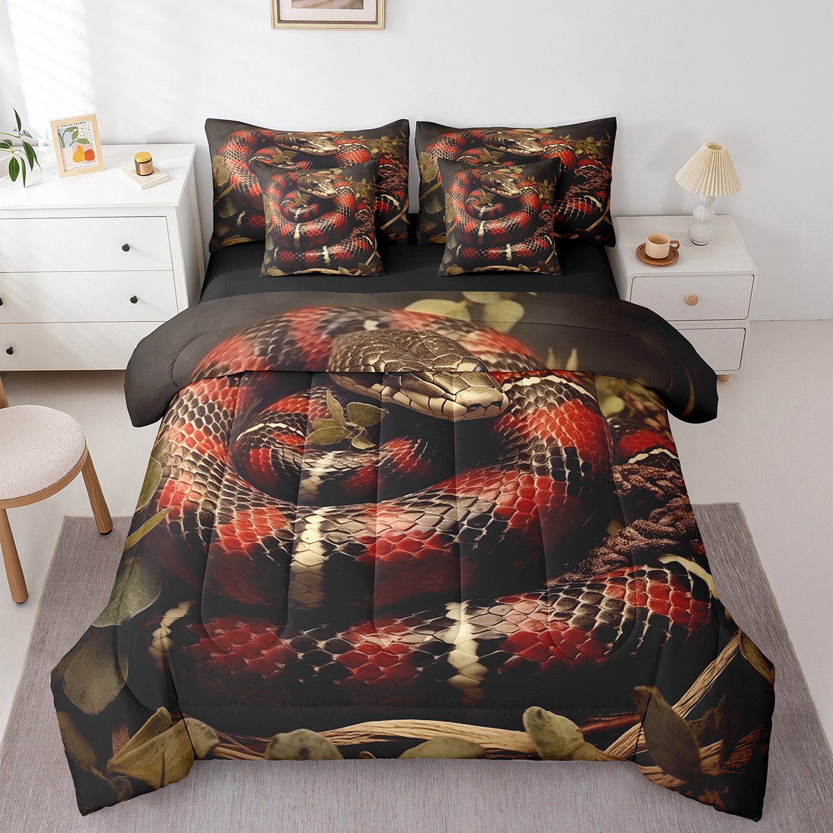 Snake Bedding Set Twin Size, Red Black Snake Jungle Comforter Set ...