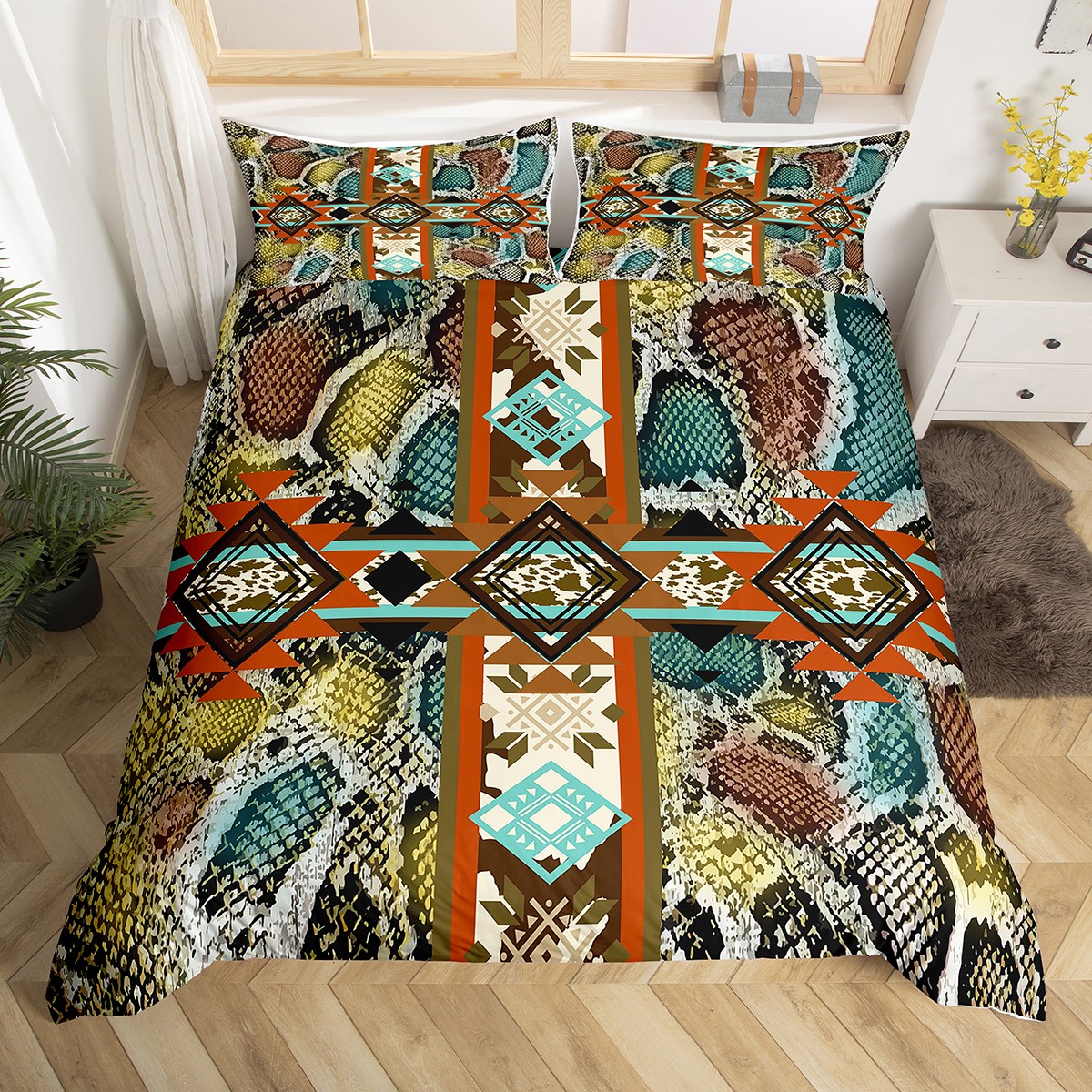 Snake Bedding Set Yellow Green Snake Hide Comforter Cover Exotic Ethnic ...