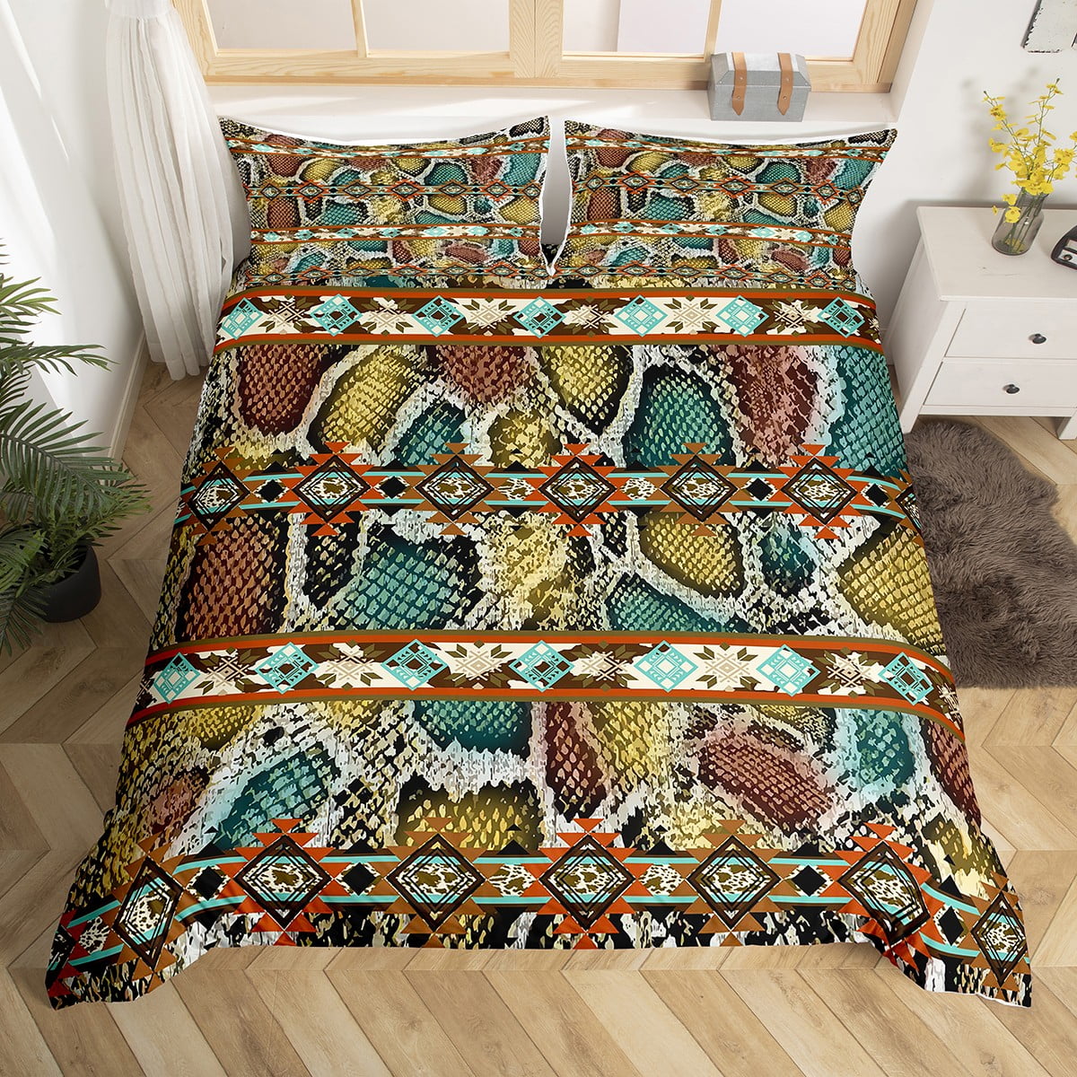 Snake Bedding Set Yellow Green Snake Hide Duvet Cover Exotic Ethnic ...