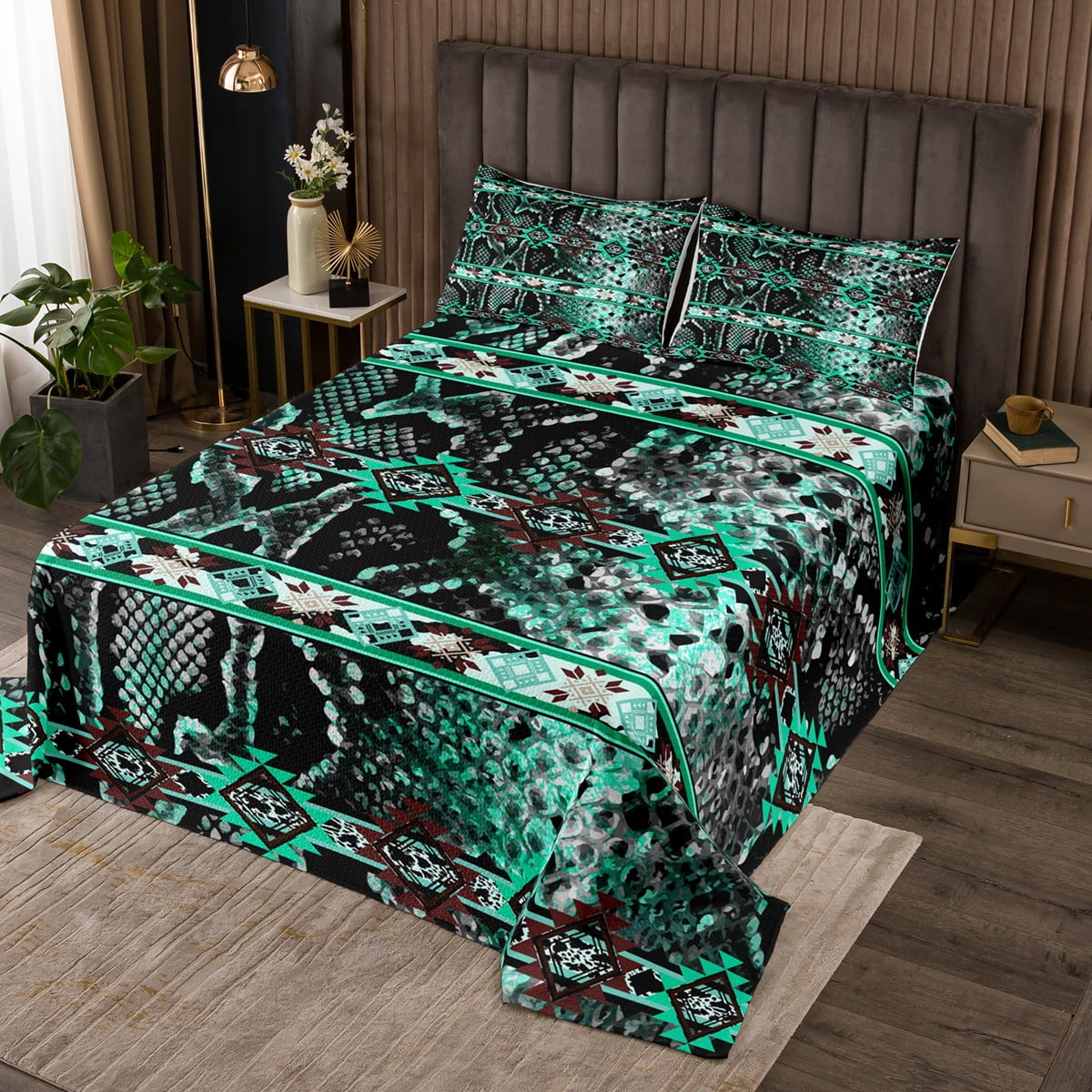 Snake Bedspread Set Black Green Snake Hide Quilt Set Exotic Tribal ...