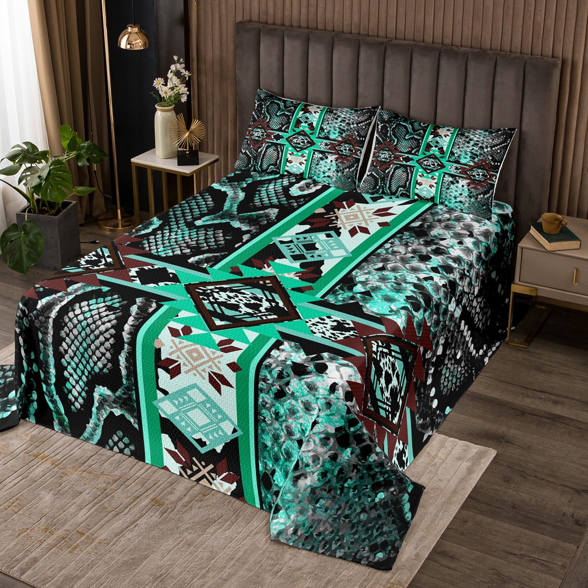 Snake Bedspread Set Black Green Snake Hide Coverlet Set Exotic Tribal ...
