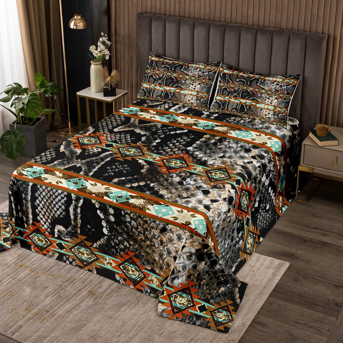 Snake Bedspread Set Black Snake Hide Quilt Set Exotic Tribal Arrow ...