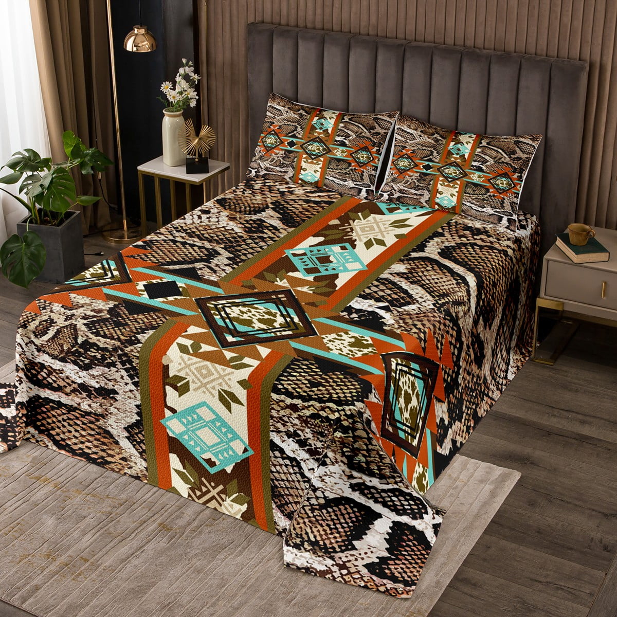 Snake Bedspread Set Brown Snake Hide Coverlet Set Exotic Tribe Arrow ...