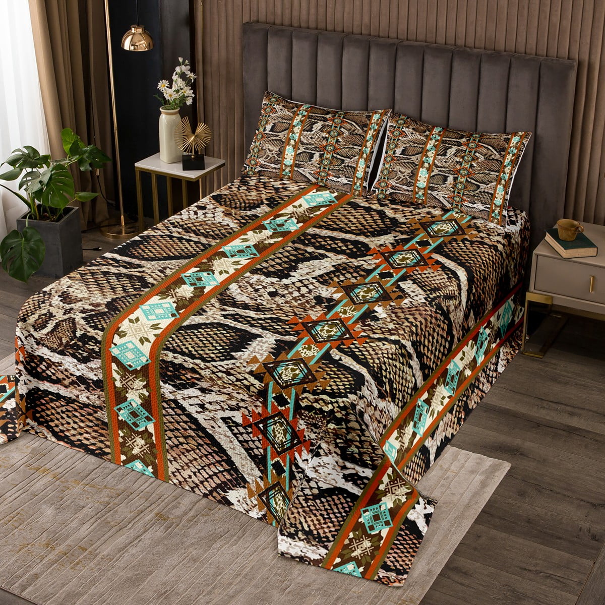 Snake Bedspread Set Brown Snake Hide Coverlet Set Exotic Tribal Arrow ...