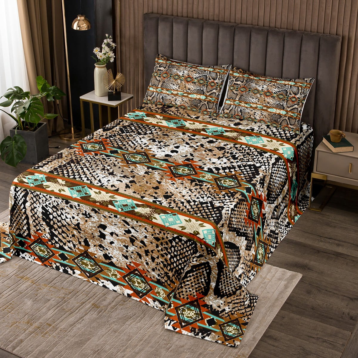 Snake Bedspread Set Brown Snake Hide Quilt Set Exotic Tribal Arrow ...