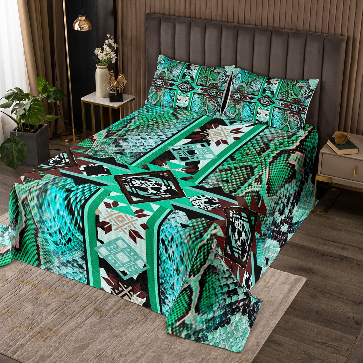 Snake Bedspread Set Green Snake Hide Coverlet Set Exotic Tribal Arrow ...