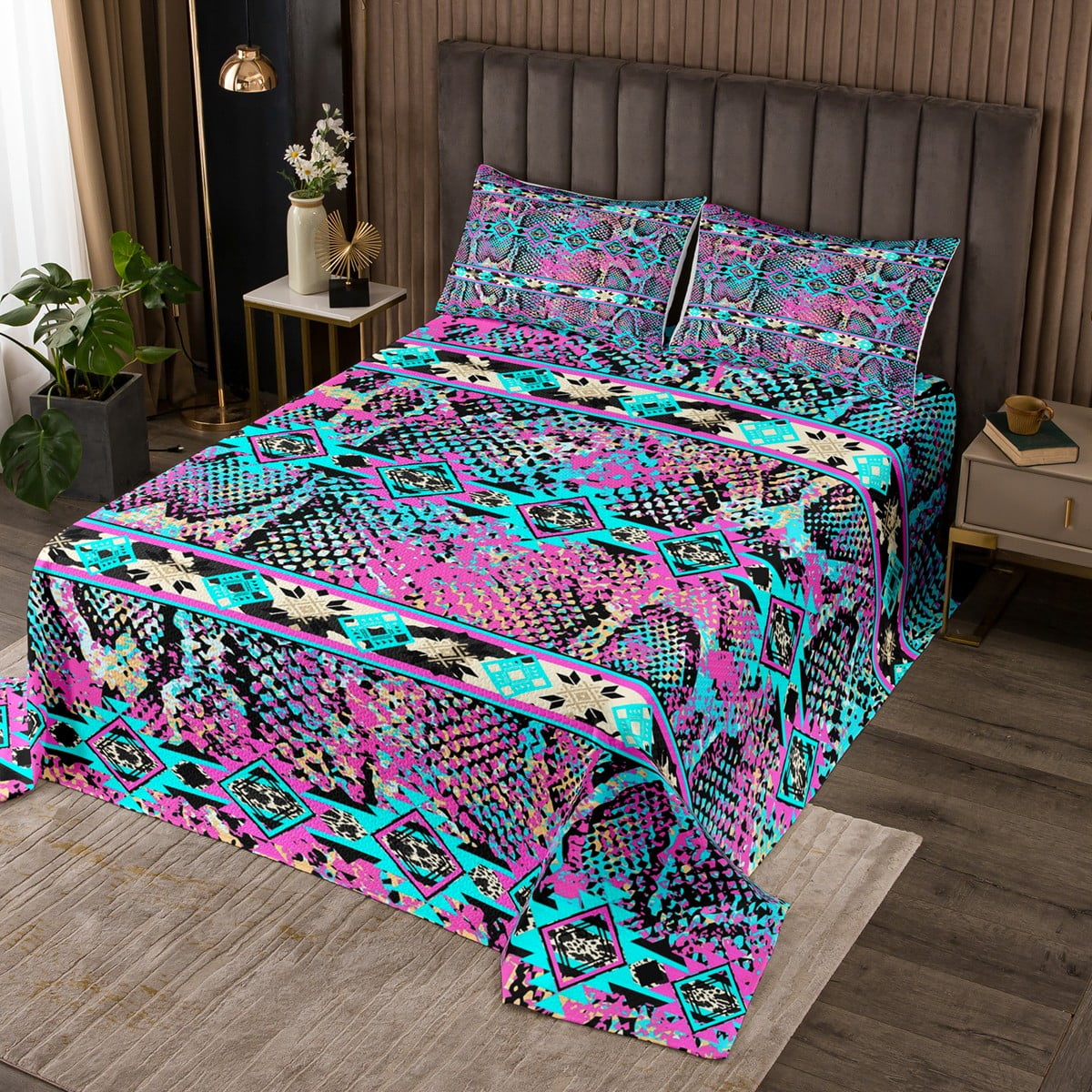 Snake Bedspread Set Purple Teal Snake Hide Quilt Set Exotic Tribal ...