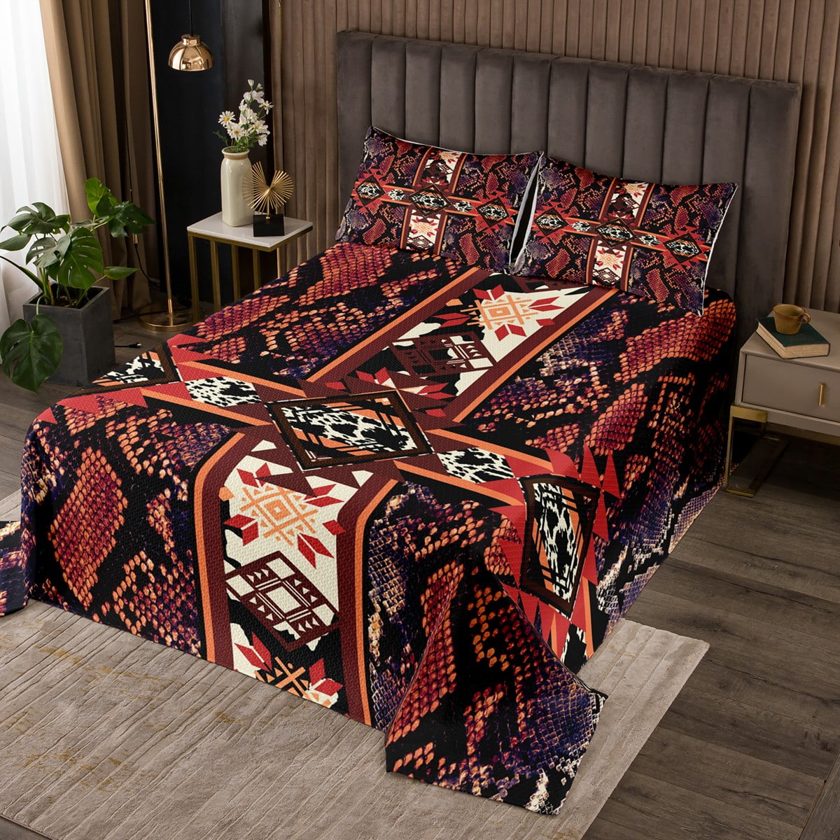 Snake Bedspread Set Red Snake Hide Coverlet Set Exotic Tribal Arrow ...