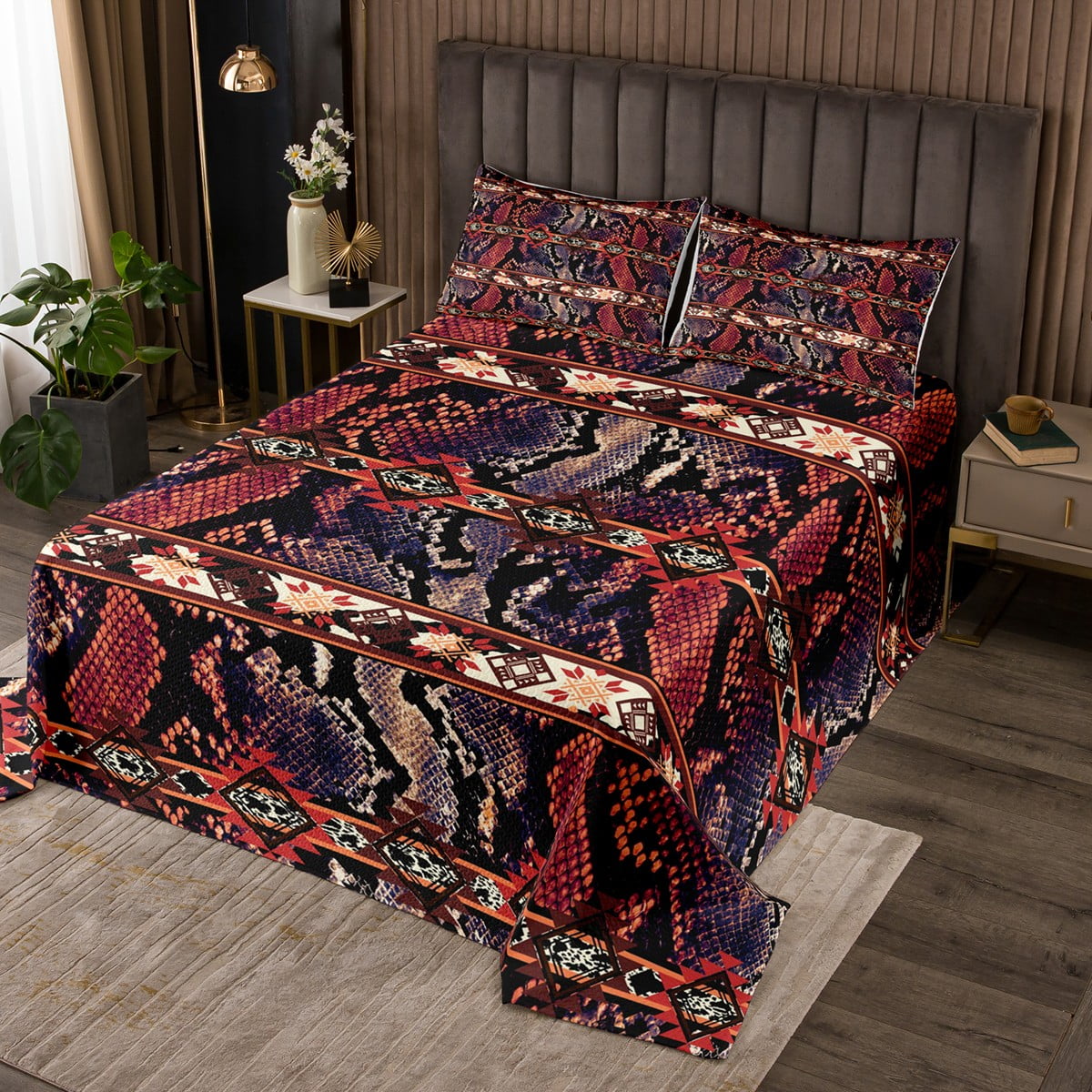 Snake Bedspread Set Red Snake Hide Quilt Set Exotic Tribal Arrow Aztec ...