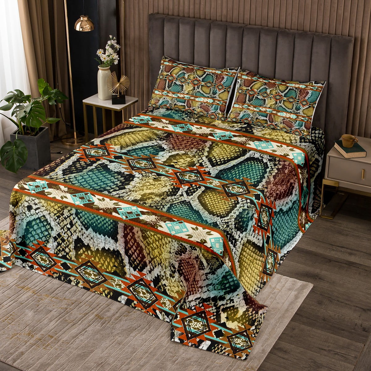 Snake Bedspread Set Yellow Green Snake Hide Quilt Set Exotic Tribal ...