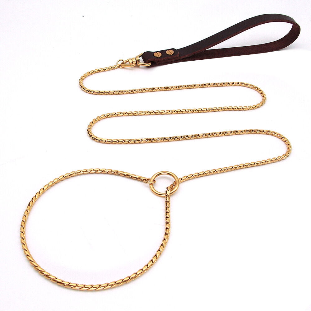 Snake Chain Choke Collar Slip Leash with Leather Handle Pet Training ...