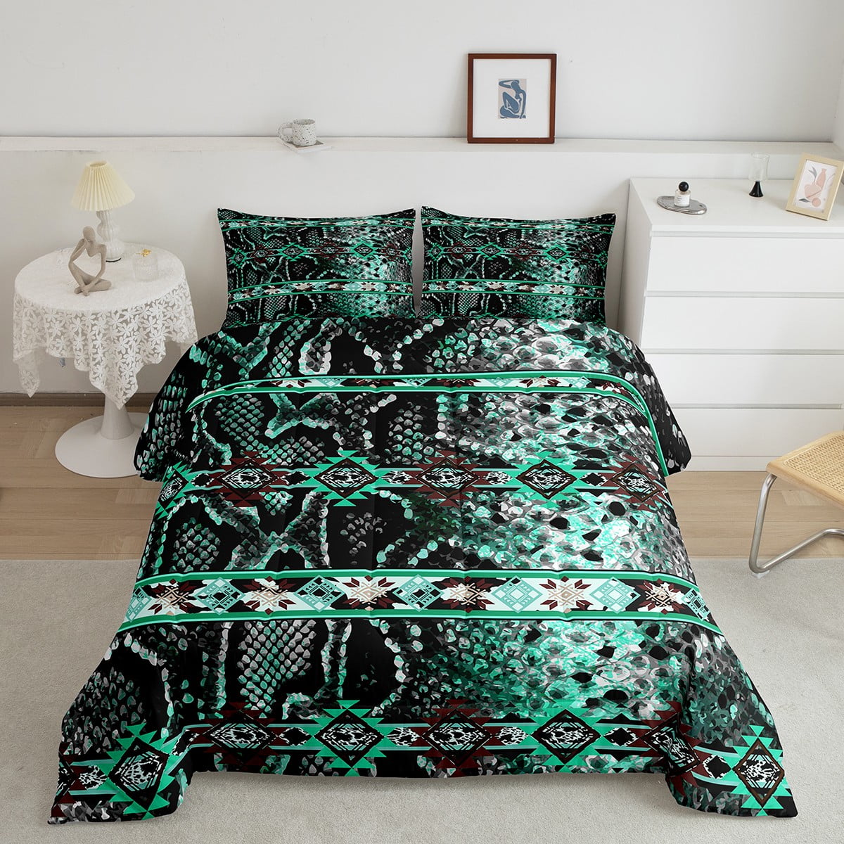 Snake Comforter Set Black Green Snake Hide Bedding Set Exotic Ethnic ...