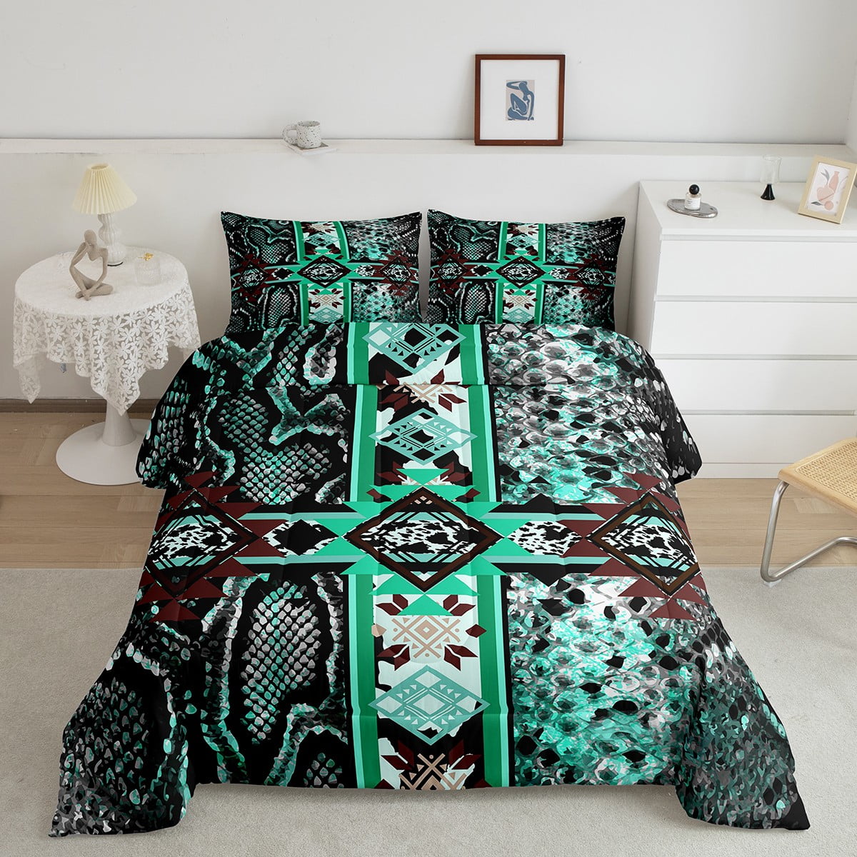 Snake Comforter Set Black Green Snake Hide Quilt Exotic Ethnic Tribal ...