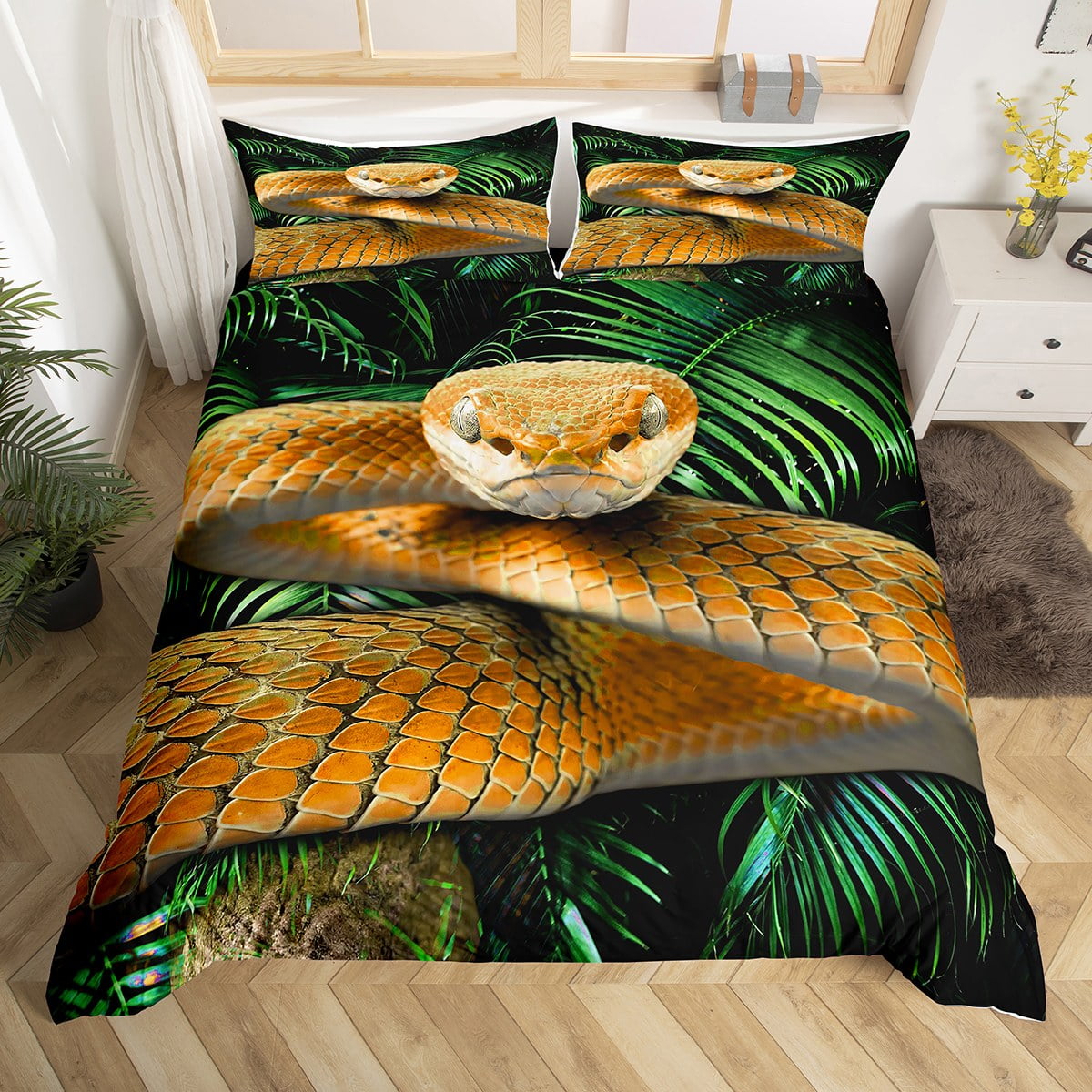 Snake Duvet Cover King, Yellow Snake 3D Reptile Bed Sets Teens Man ...