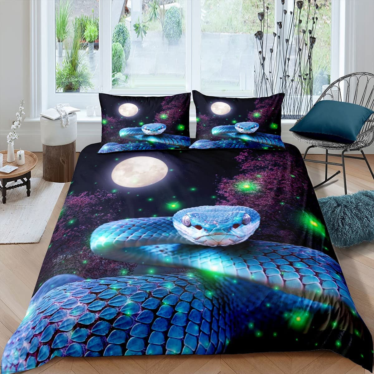 Snake Duvet Cover Set 3D Python Palm Leaf Bedding Set King Size Reptile ...