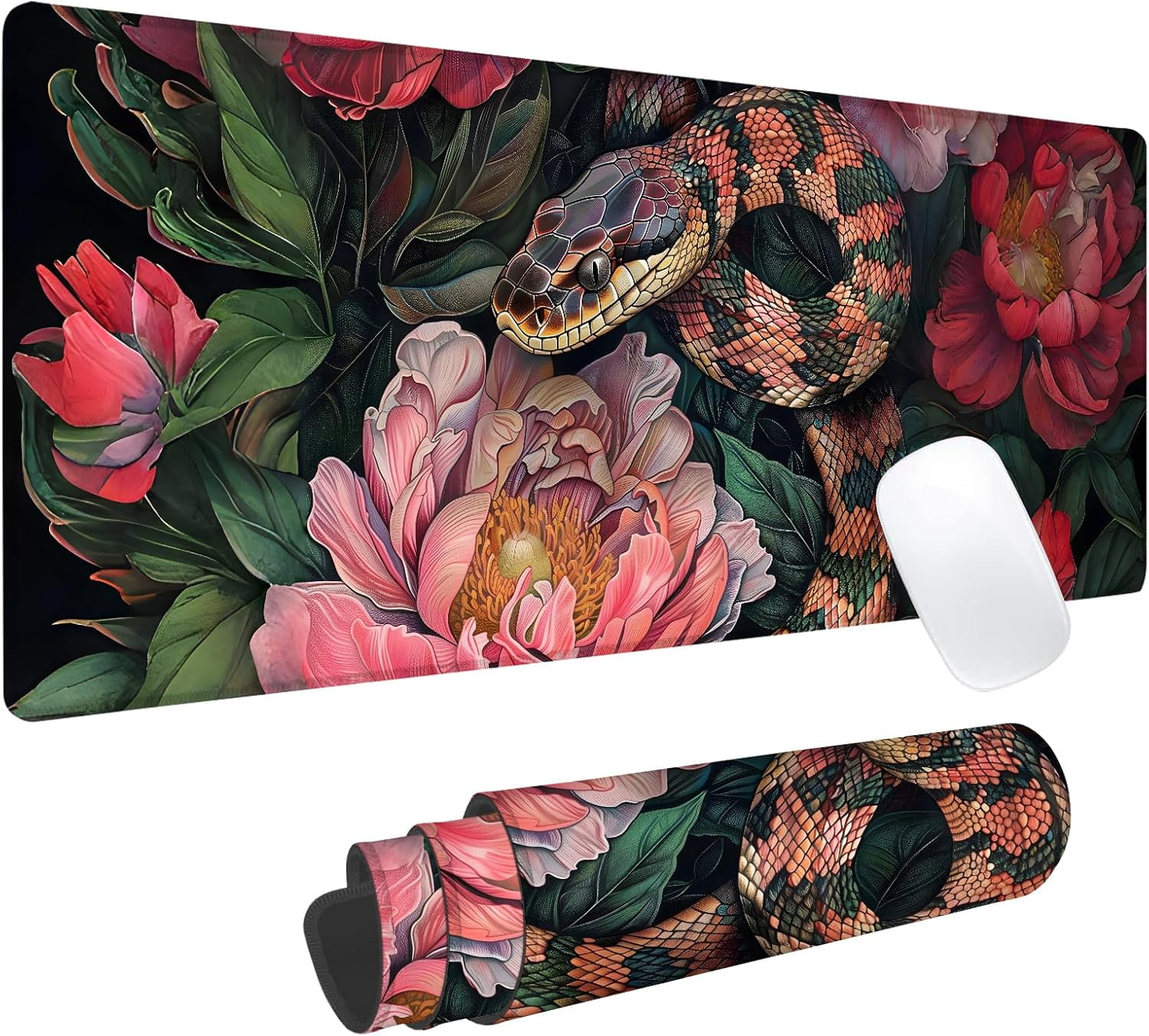 Snake and Floral Gaming Mouse Pad, Office Desk Mat, Anti-Slip Rubber ...