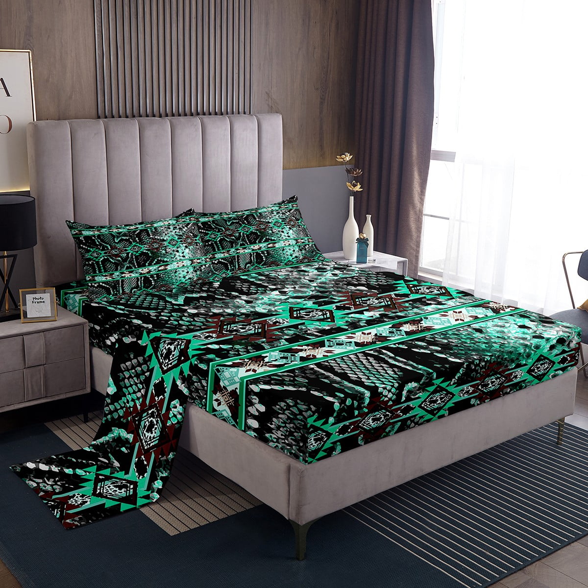 Snake Sheet Set Black Green Snake Hide Bed Sheets Set Exotic Tribal ...