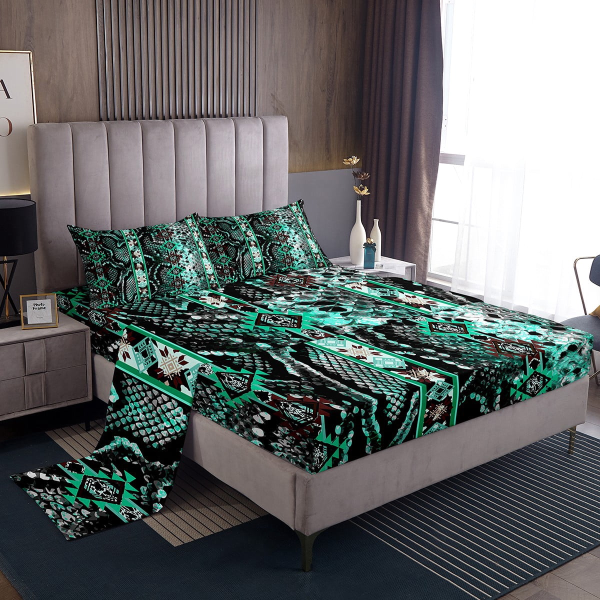 Snake Sheet Set Black Green Snake Hide Sheets Exotic Tribal Arrow Aztec ...