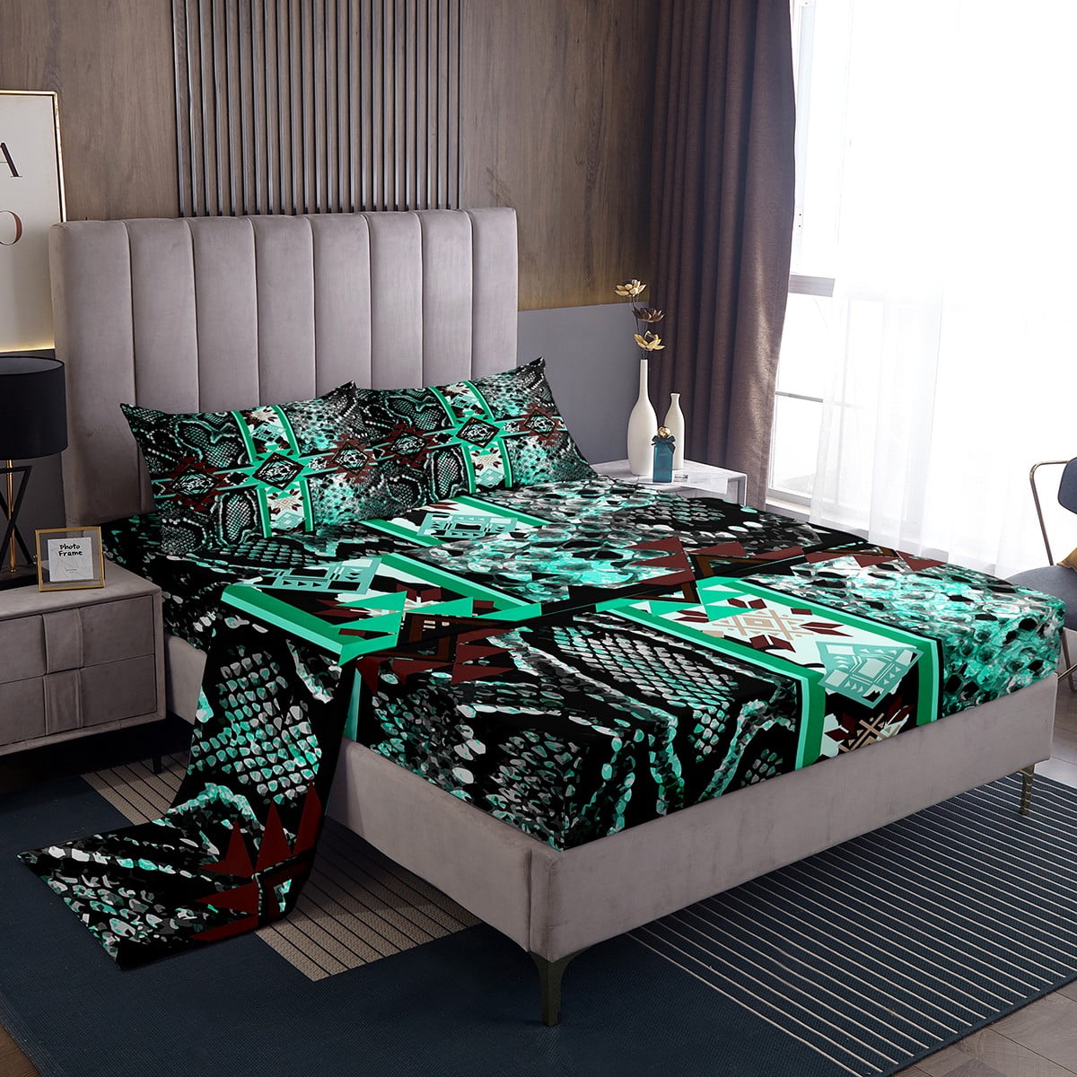 Snake Sheet Set Black Green Snake Hide Sheets Exotic Tribal Arrow Aztec ...