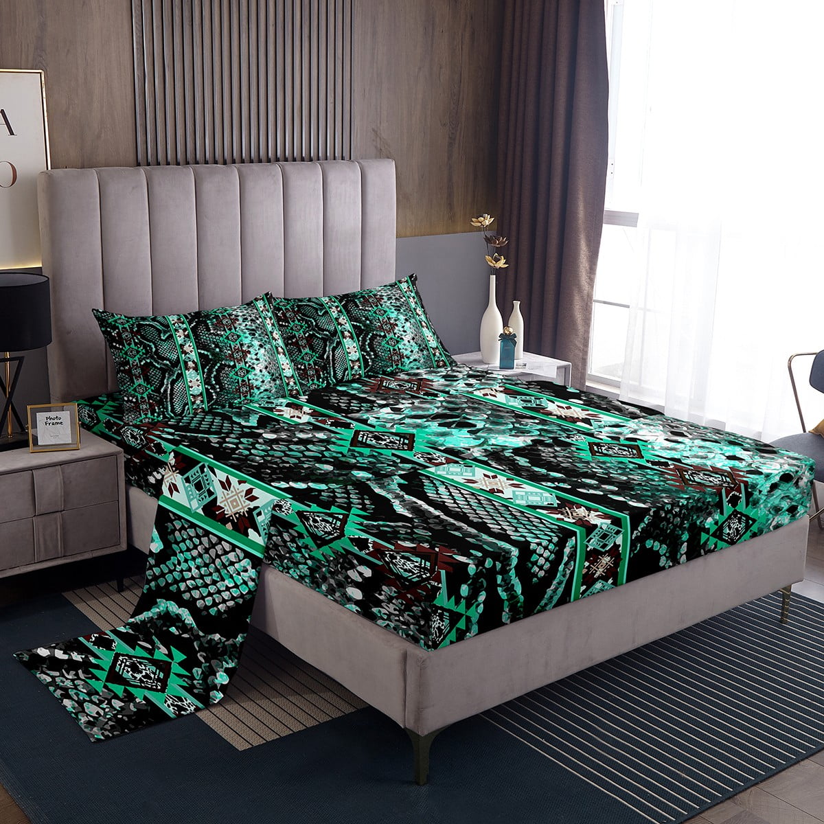 Snake Sheet Set Black Green Snake Hide Sheets Exotic Tribal Arrow Aztec ...