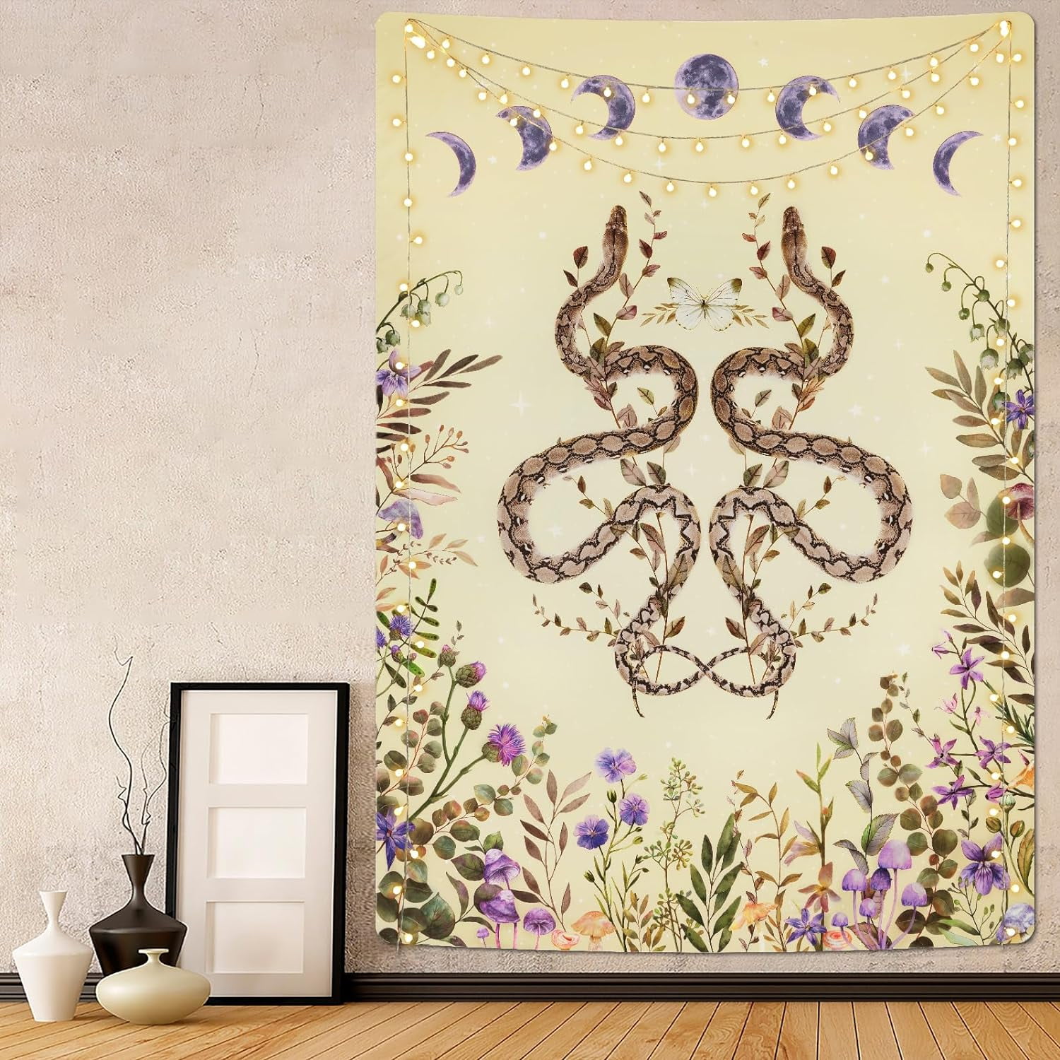 Snake Tapestry Floral Plants Wall Tapestry Moon Phase Tapestries Gothic ...