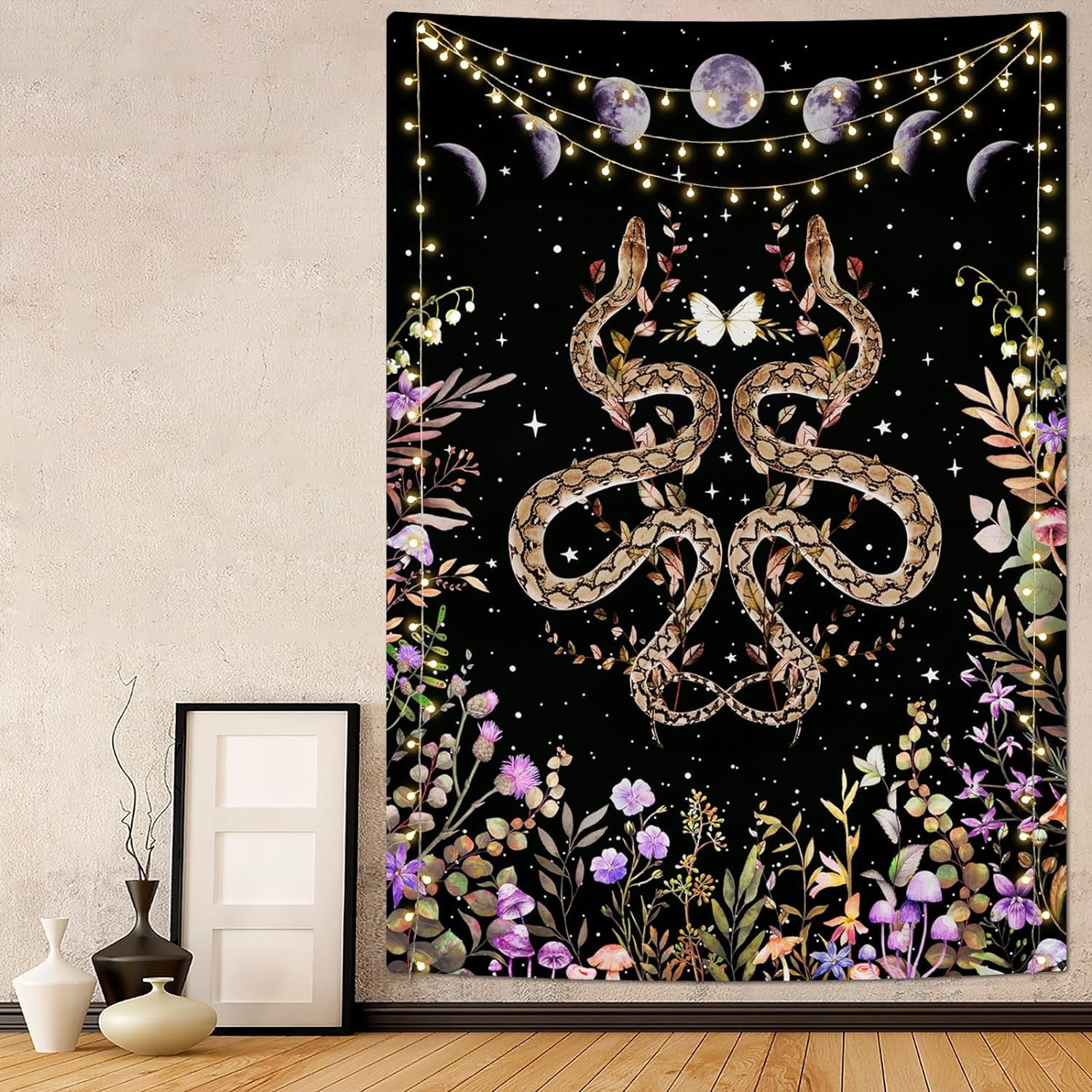 Snake Tapestry Floral Plants Wall Tapestry Moon Phase Tapestries Gothic ...