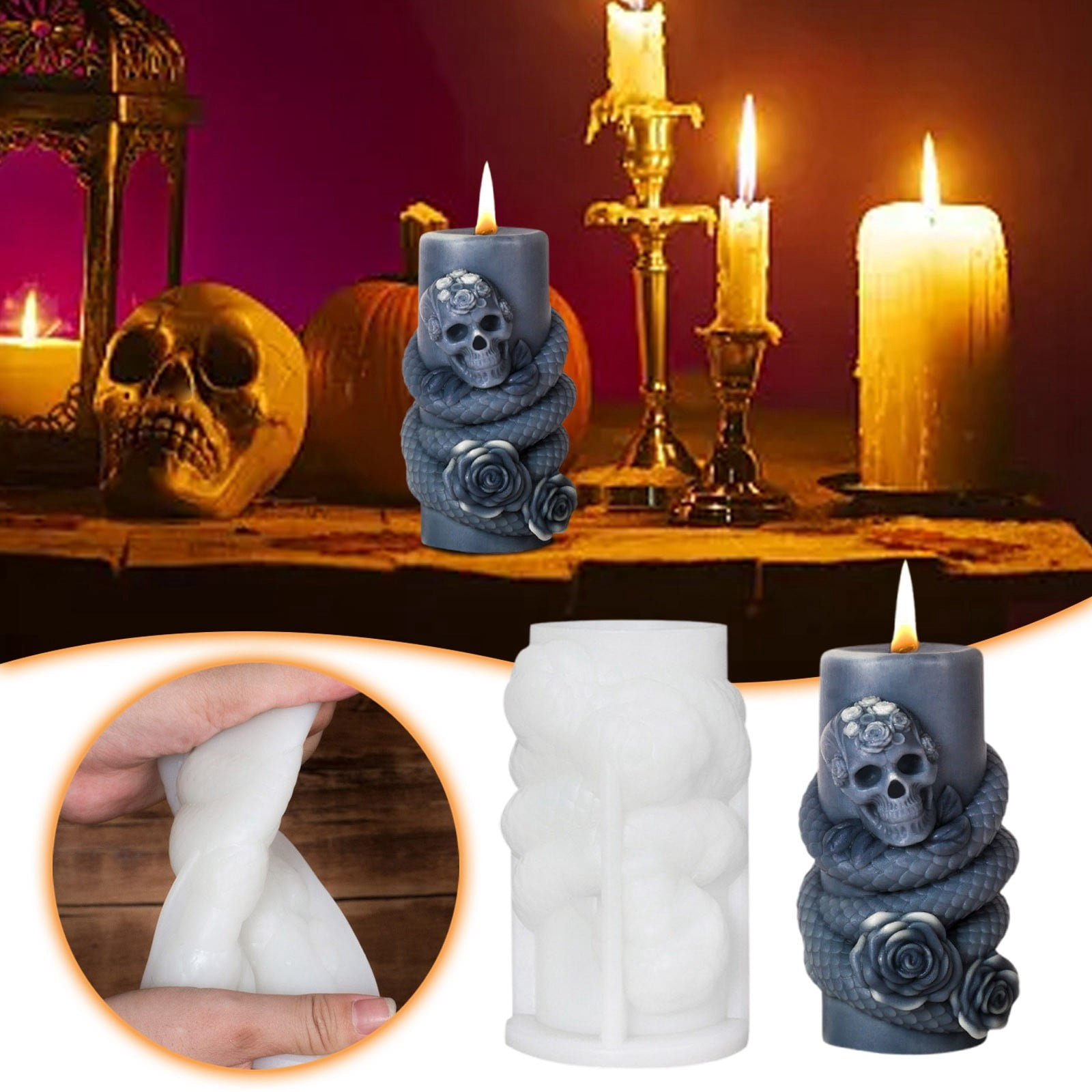 Snake Winding Cylinder Candle Mold with Skull Head Halloween Silicone ...