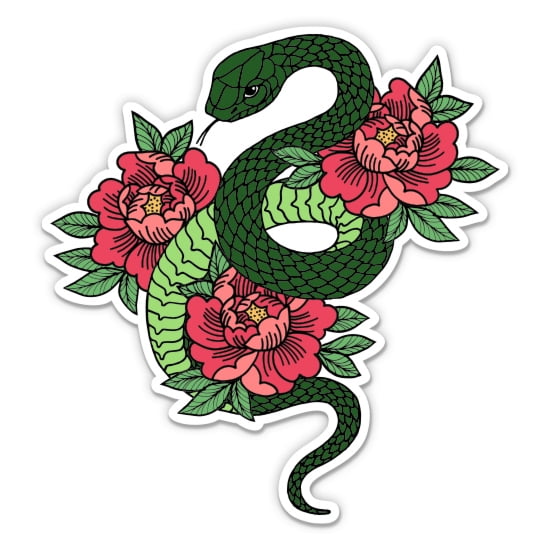 Snake With Roses Tattoo Style Classic - 5" Vinyl Sticker - For Car ...
