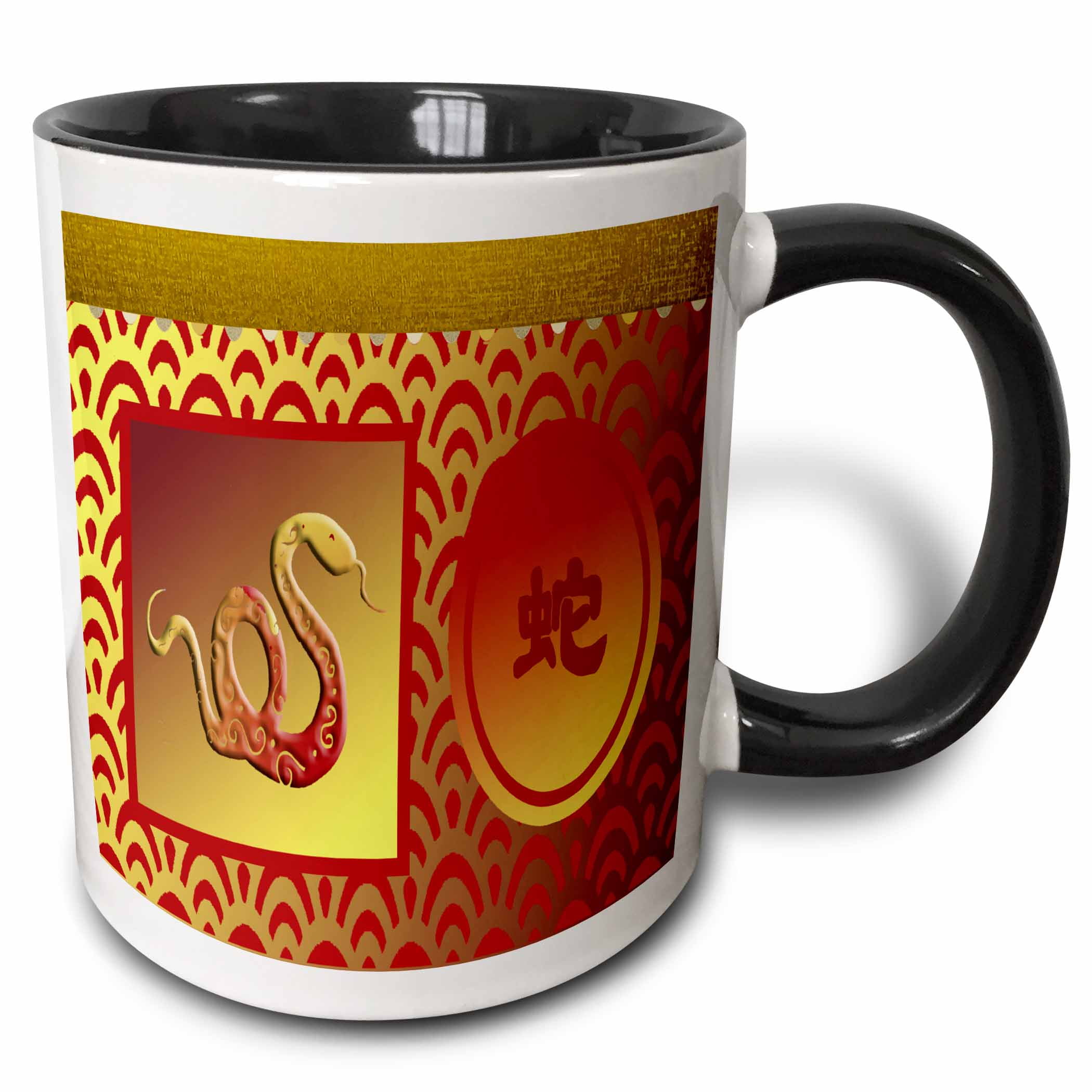 3drose, Snake with Snake in Chinese, Bright Gold and Red Design, 15oz ...