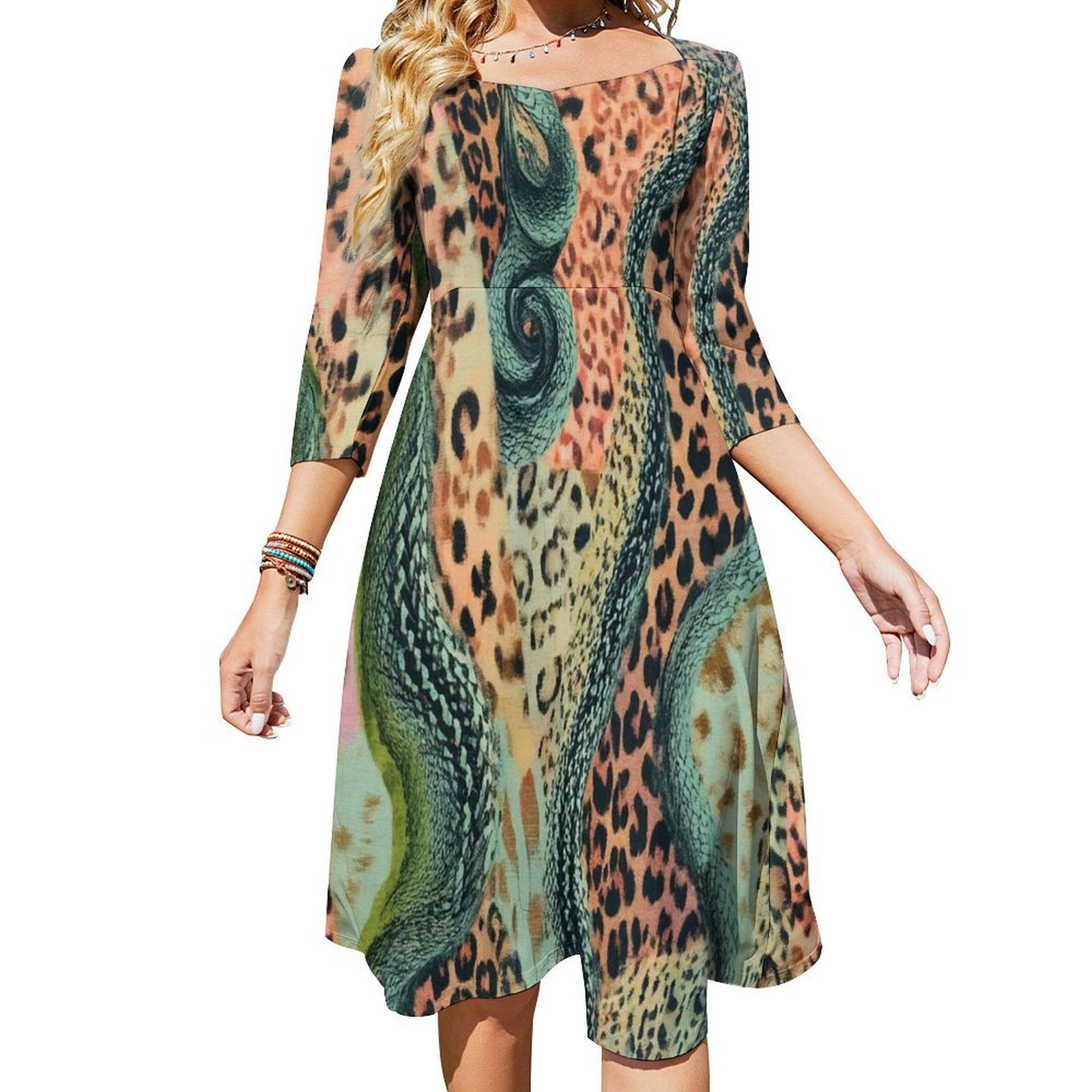 Snakes Leopards Vibrant Colorful Pattern Sweetheart Knot Flared Dress ...