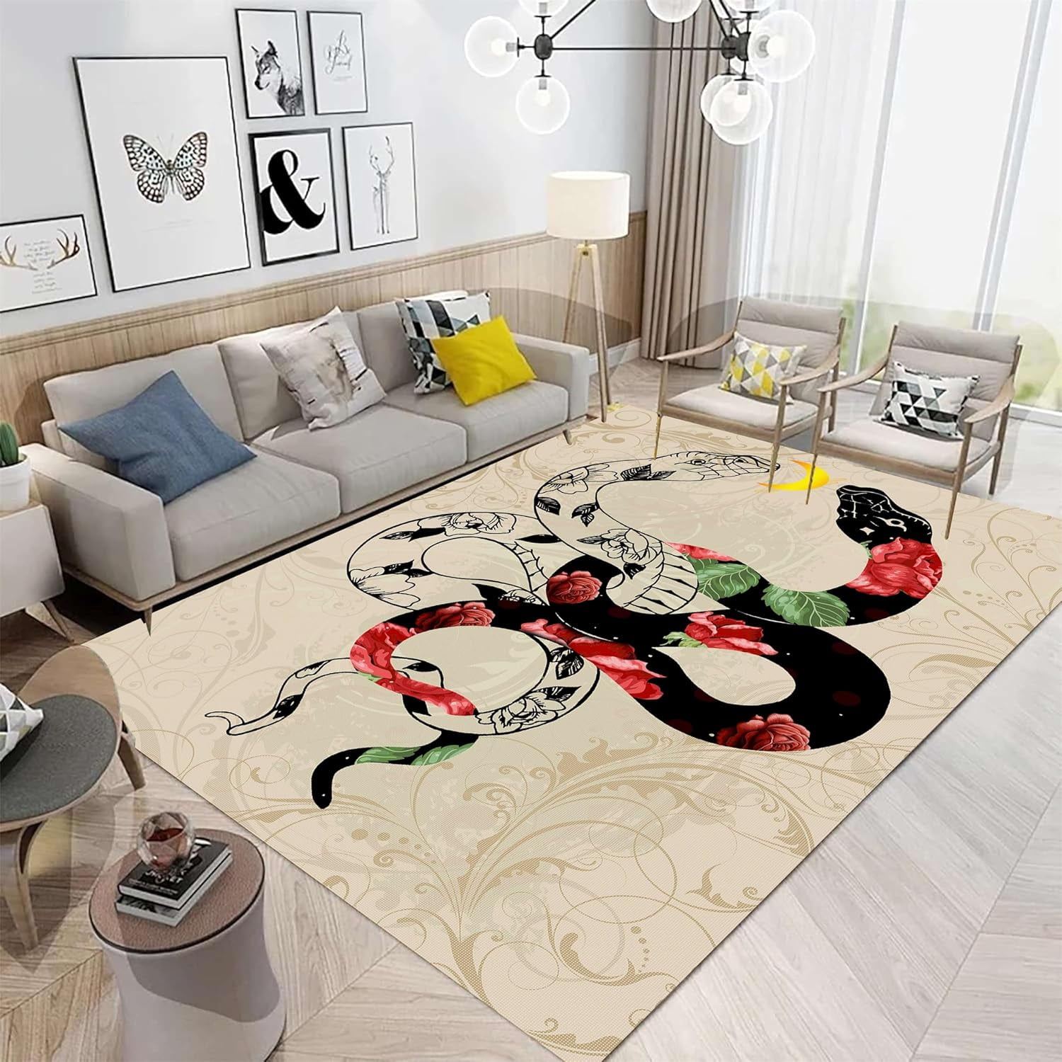Snakes Print Rugs, Wild Animal Mystical Snake And Moon Print Area Rug ...