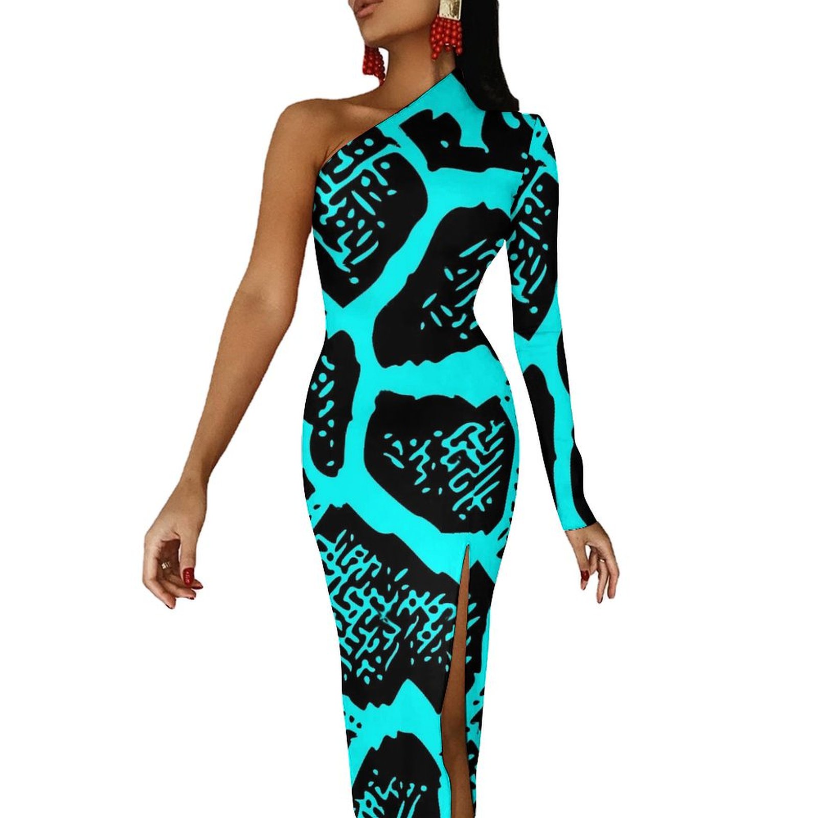 Snakeskin Maxi Dress Long Sleeve Cyan and Black Python Party Bodycon ...