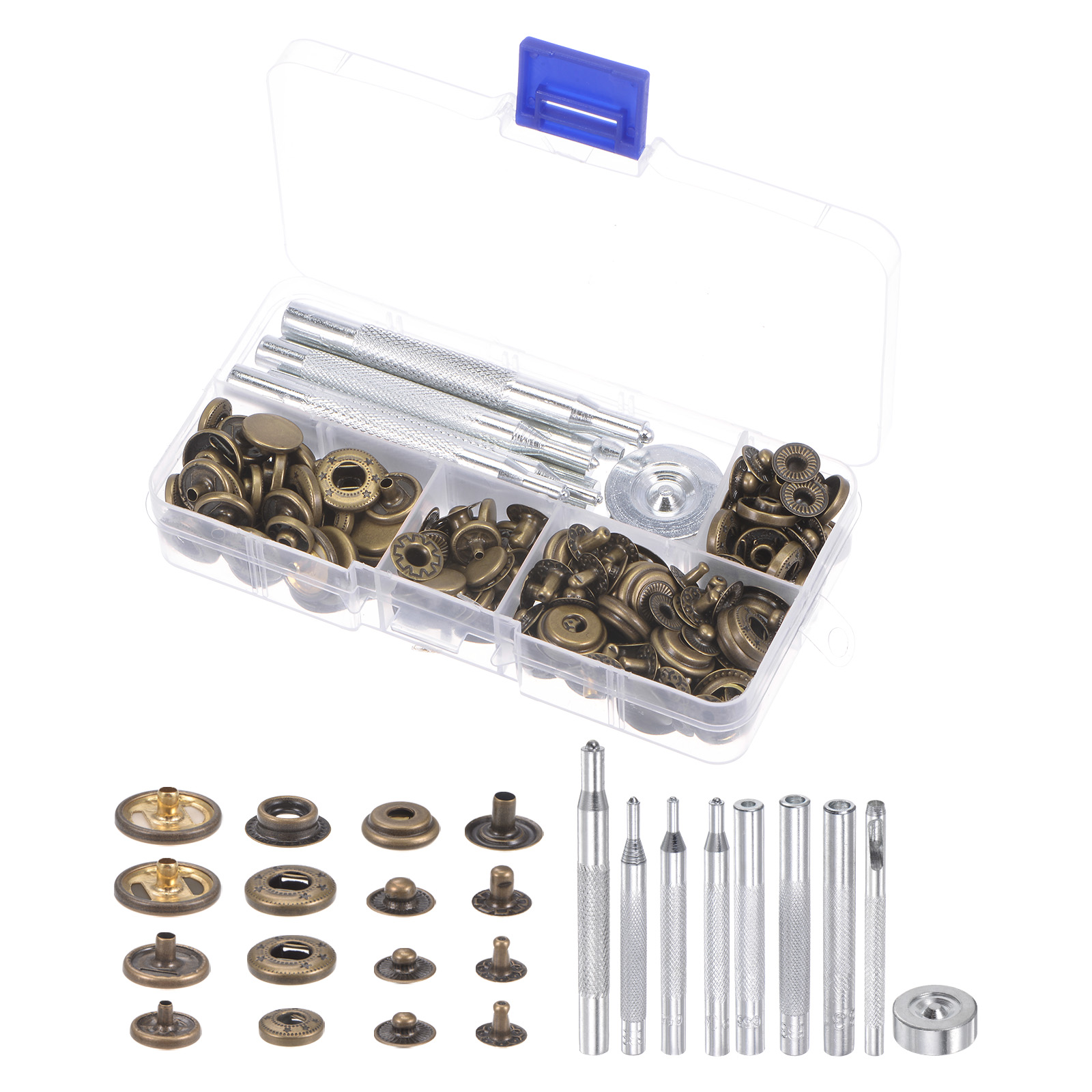 Snap Fasteners Kit 4 Type Copper with 9 Setter Tools & Box, Bronze, 40 ...