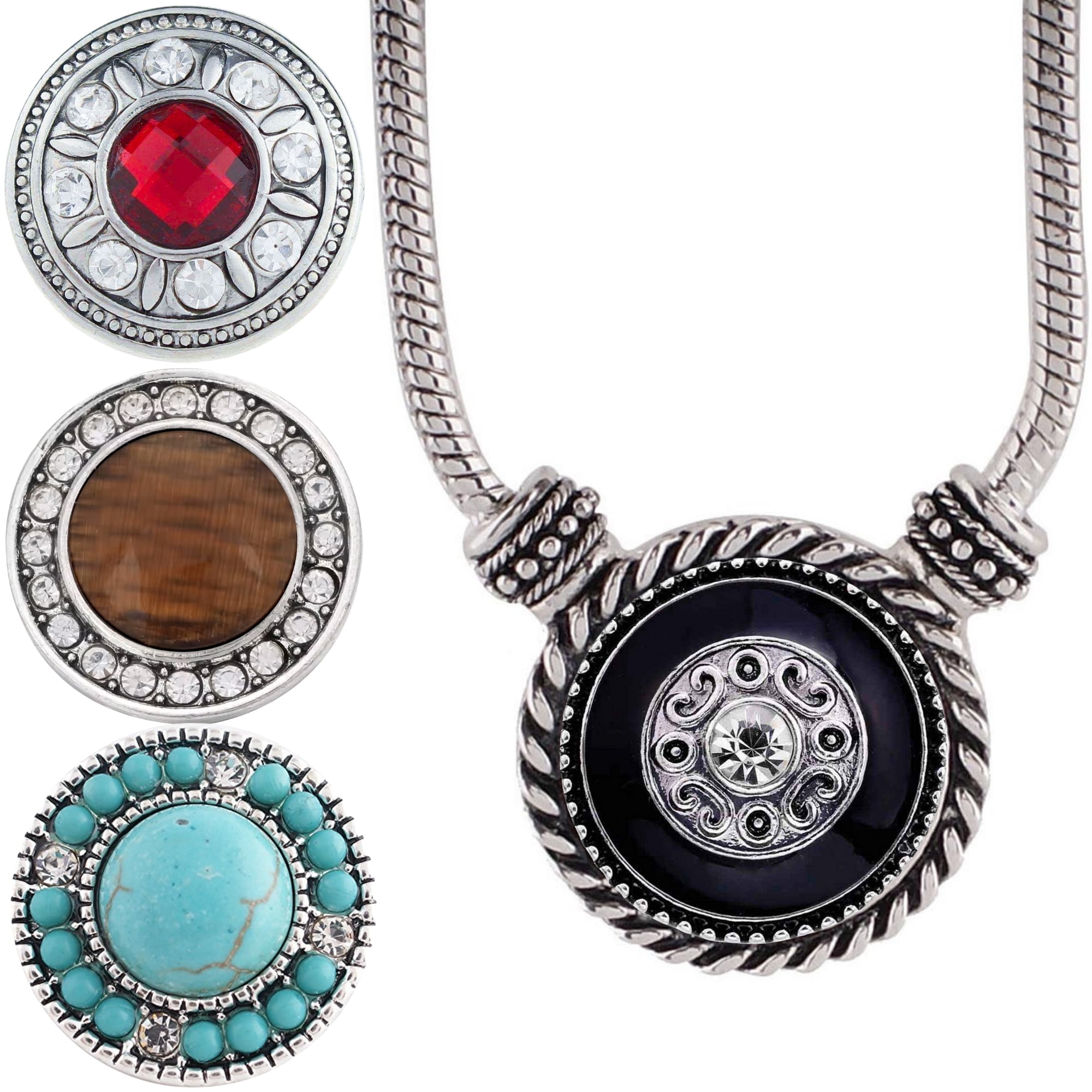 Snap Jewelry Set - 4 Snap Charms, 1 Silver 9 in. Bracelet Necklace ...
