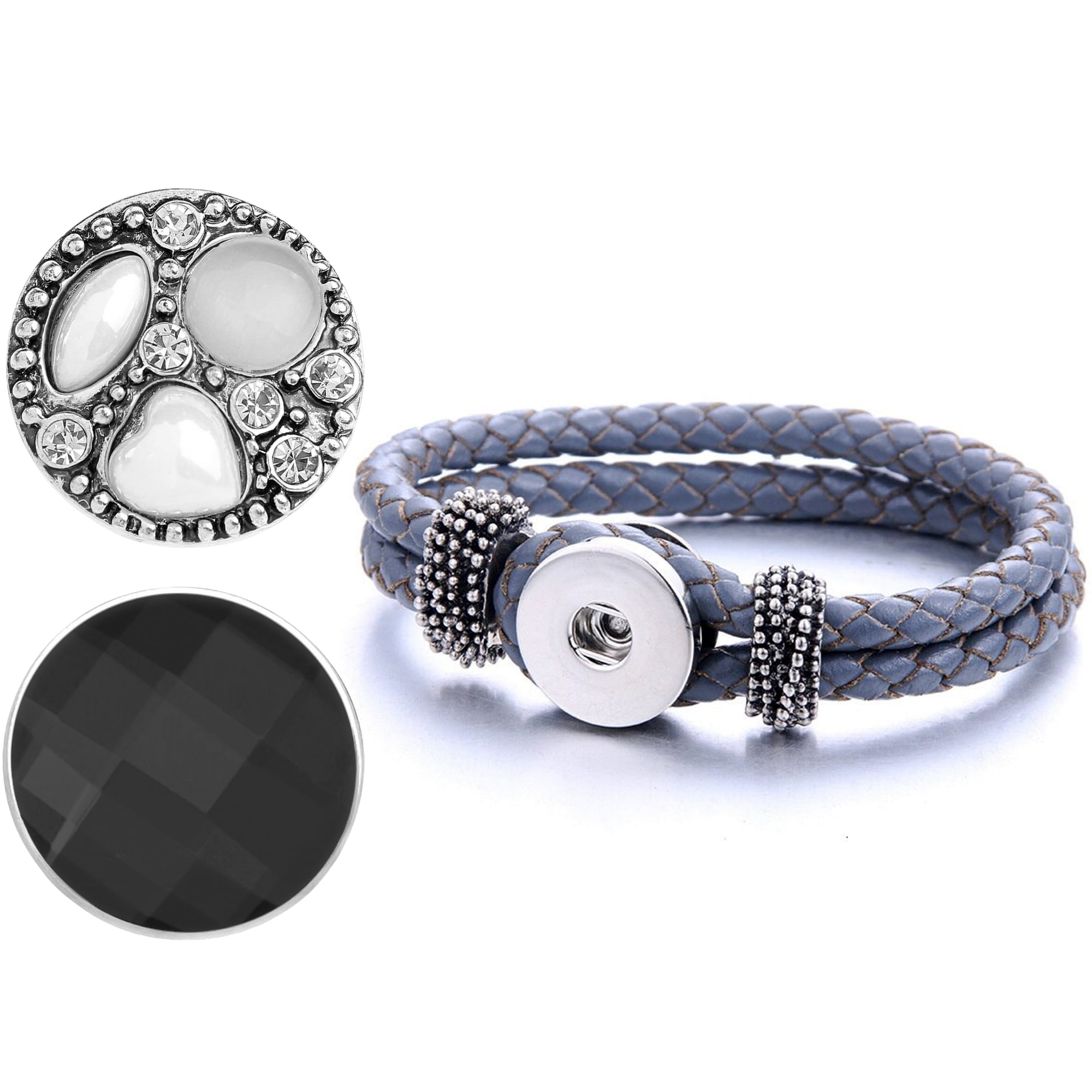 Snap Jewelry Set - Gray 7.5in. Leather Bracelet, 2 Snaps Ginger Charm ...