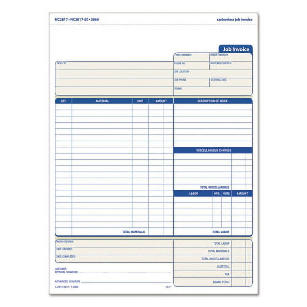 Snap-Off Job Invoice Form, Three-Part Carbonless, 8.5 X 11.63, 1/page ...
