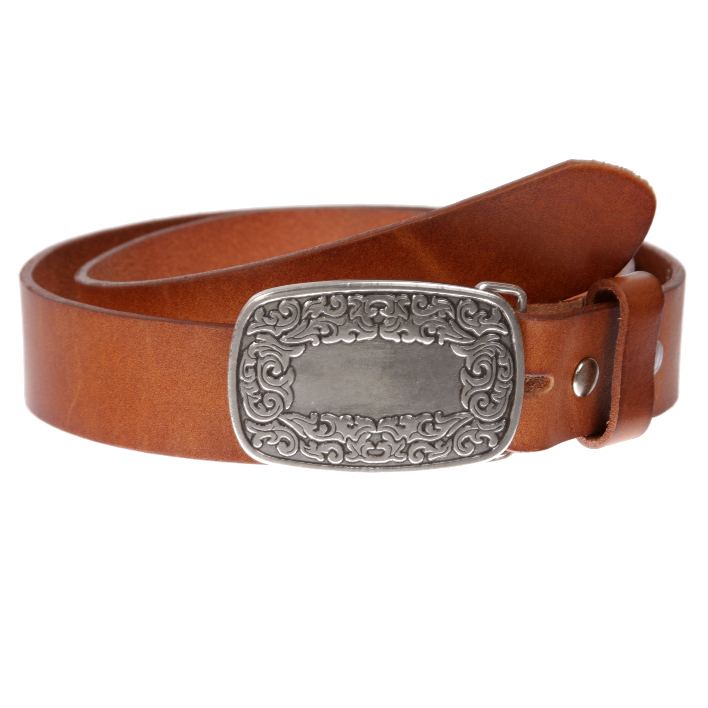 Snap On Leather Jean Belt with Western Fancy Scroll Engraving Oval ...