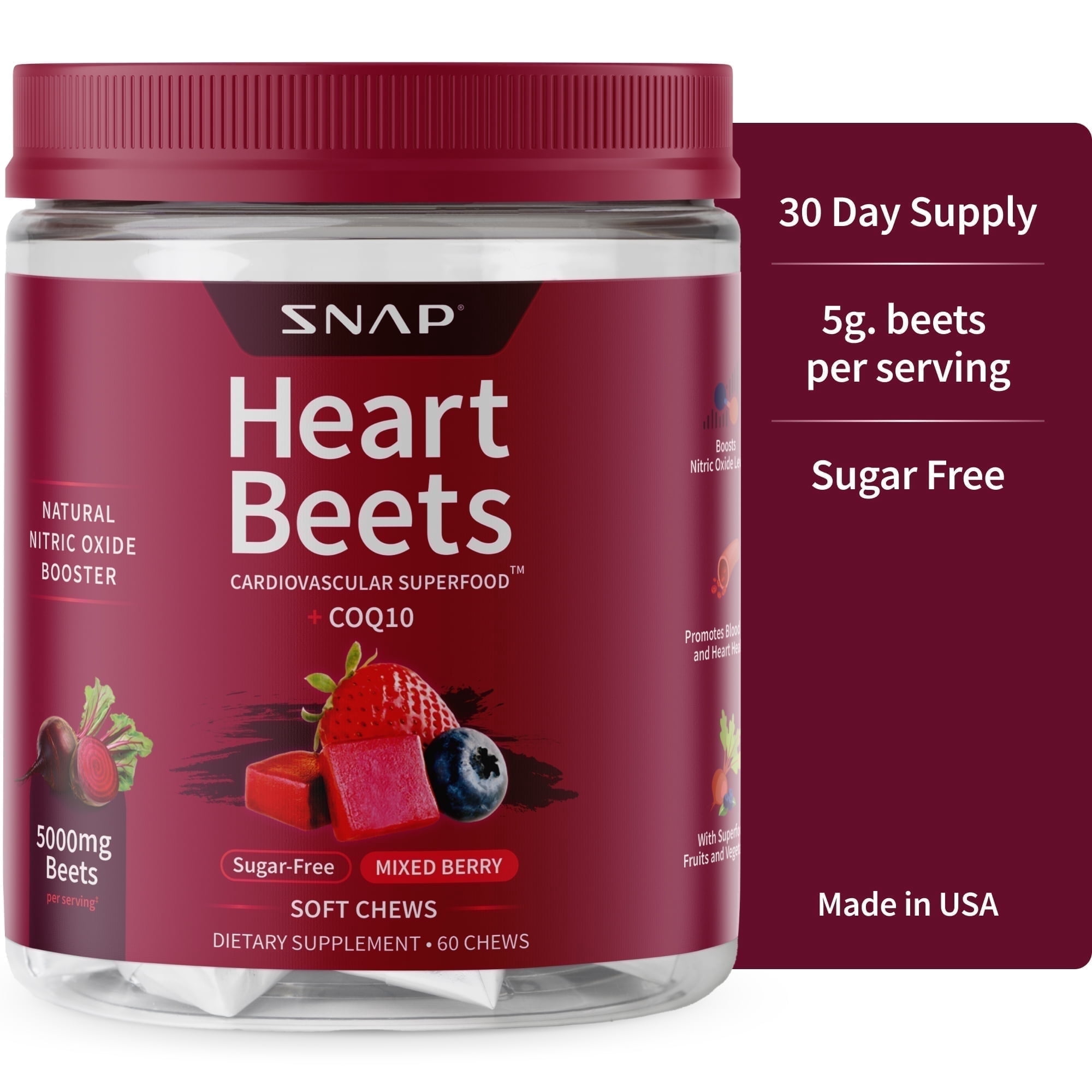 Snap Supplements Heart Beet Chews, Mixed Berry Flavor, Concentrated ...