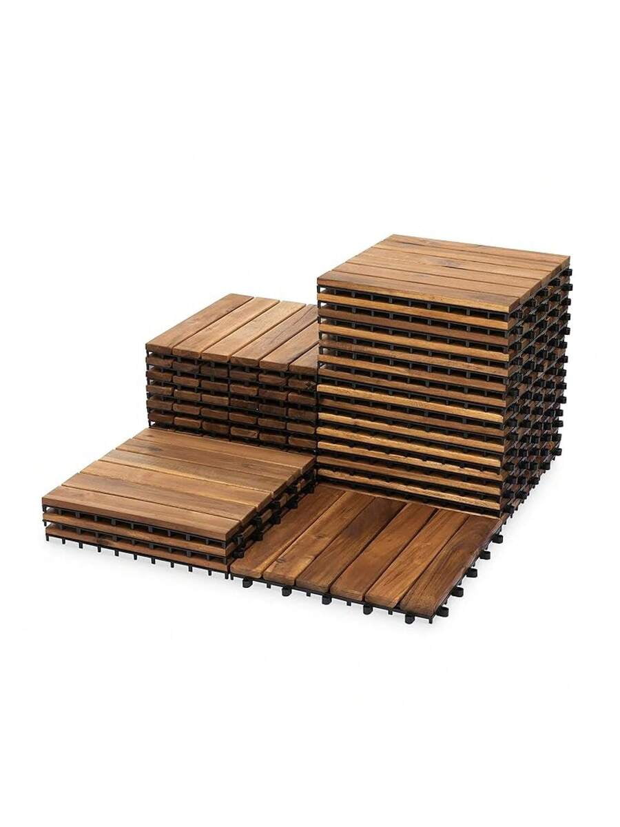 Snap-Together Wood Deck Tiles 9PCS, Interlocking Patio Tiles for ...