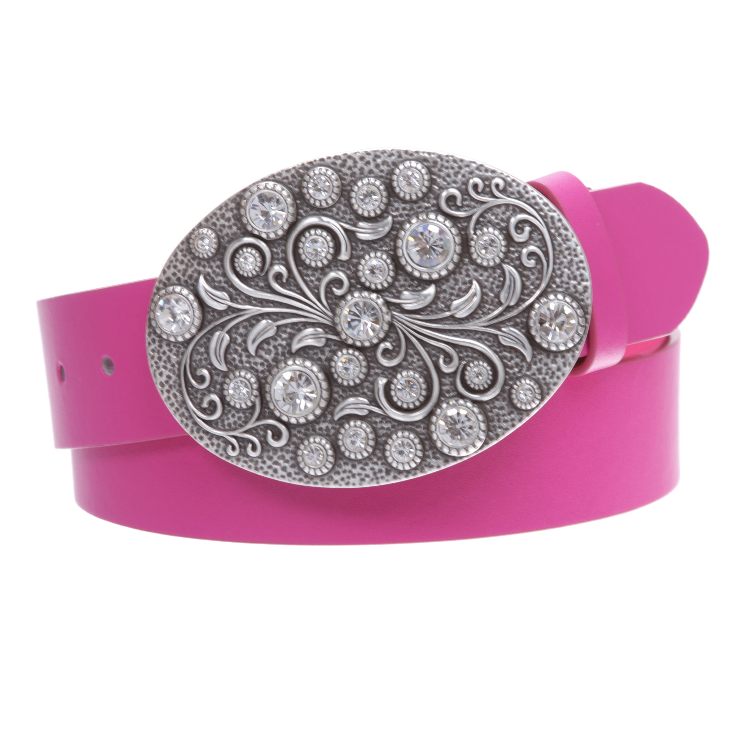Snap on Bonded Leather Belt with Rhinestone Oval Flower Buckle ...