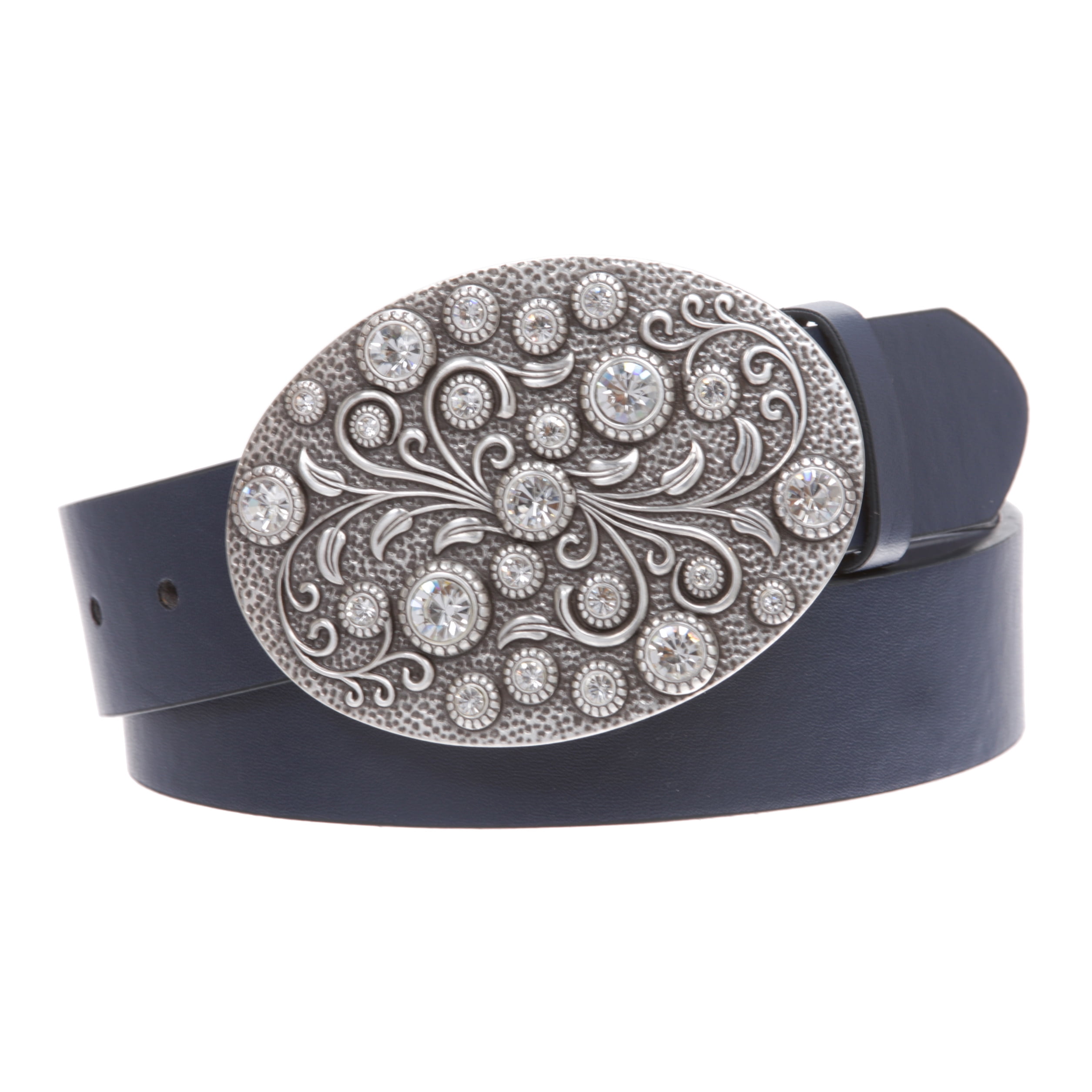 Snap on Bonded Leather Belt with Rhinestone Oval Flower Buckle ...