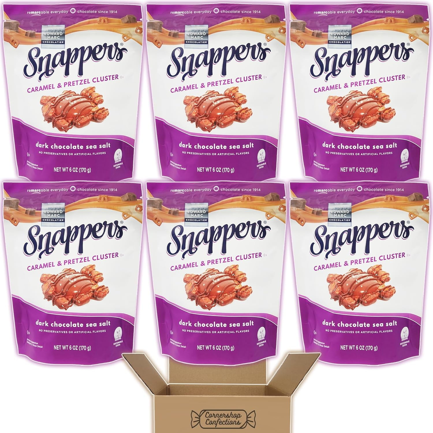 Snappers Dark Chocolate Sea Salt Caramel And Pretzel Cluster 6 Bag Bulk ...