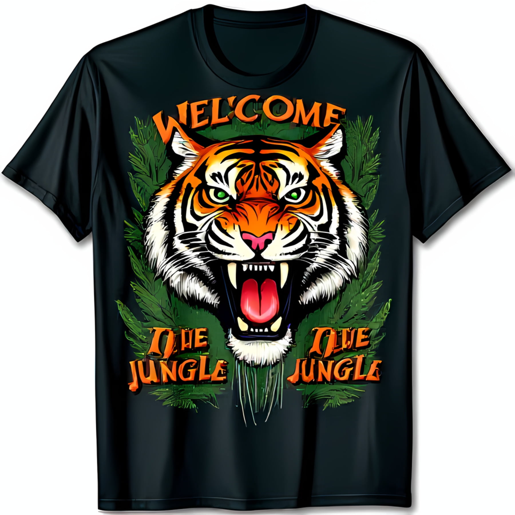 Snarling Face Graphic Black T-Shirt with Jungle Vines 'Welcome to the ...