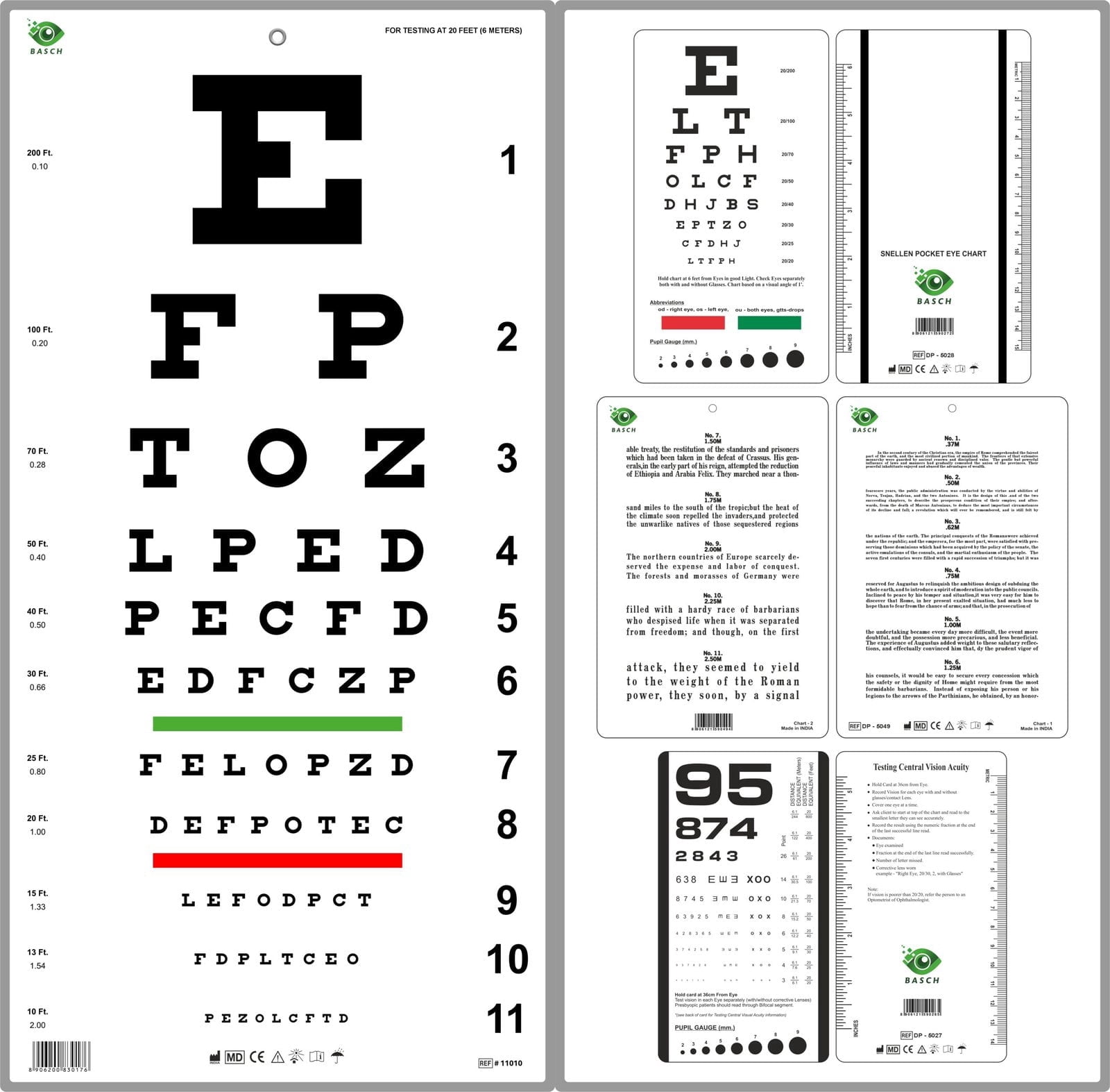 Snellen Traditional Eye Chart with Pocket Charts Combo (Set of 4 ...