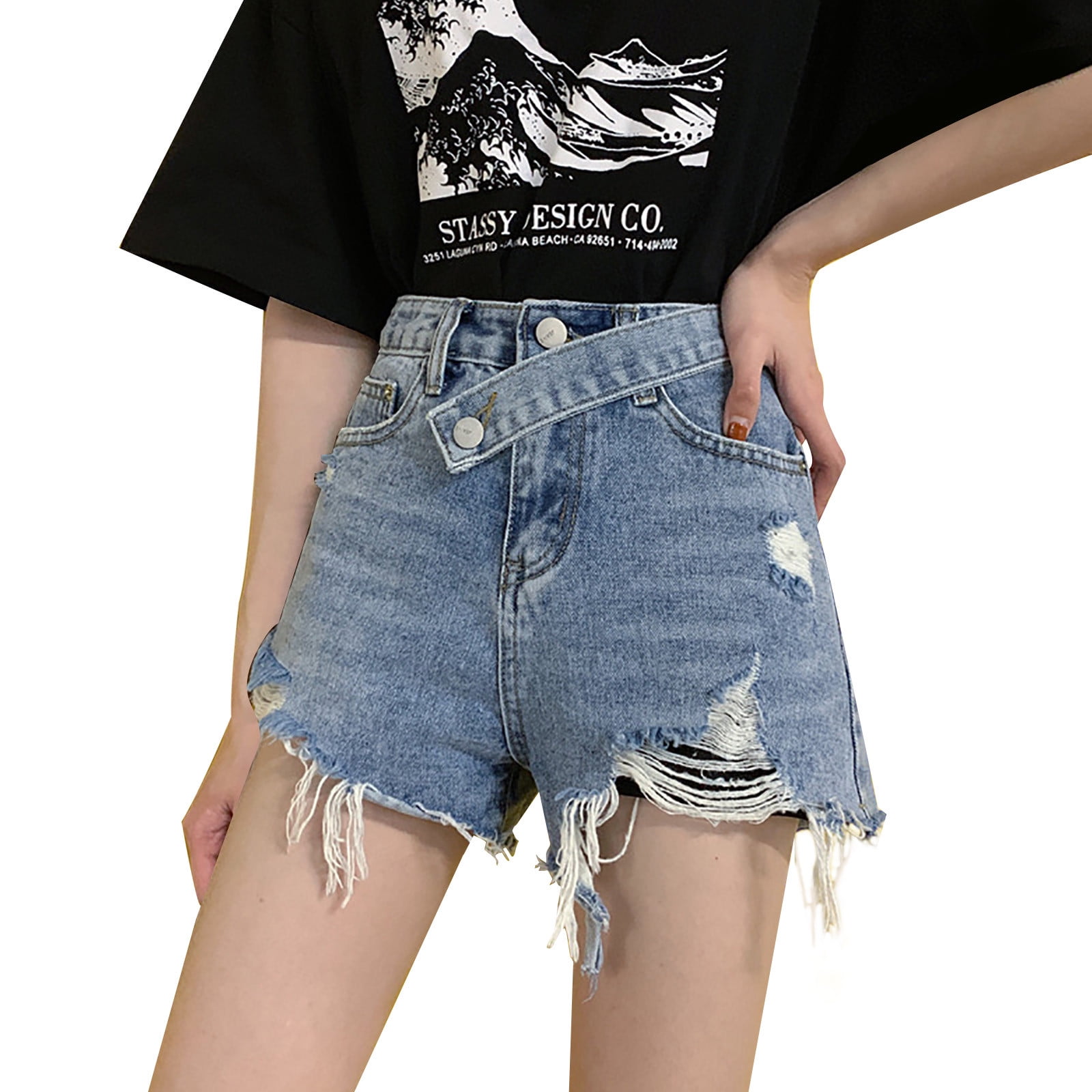 Sngxgn Women's High Waisted Denim Shorts Ripped Hem Frayed Short Jeans ...