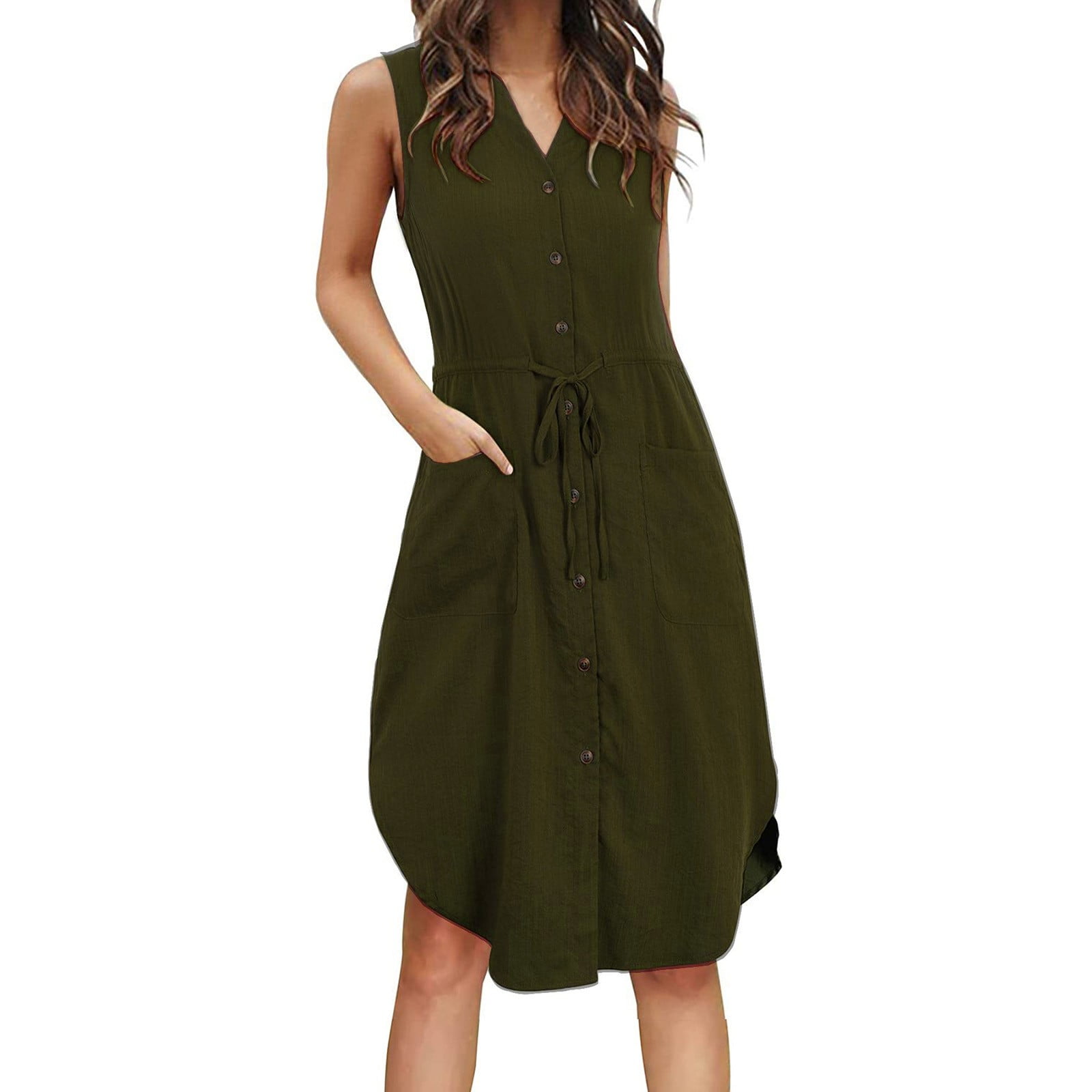 Sngxgn Women's Summer Dresses Collar V Neck Sleeveless Midi Dress ...