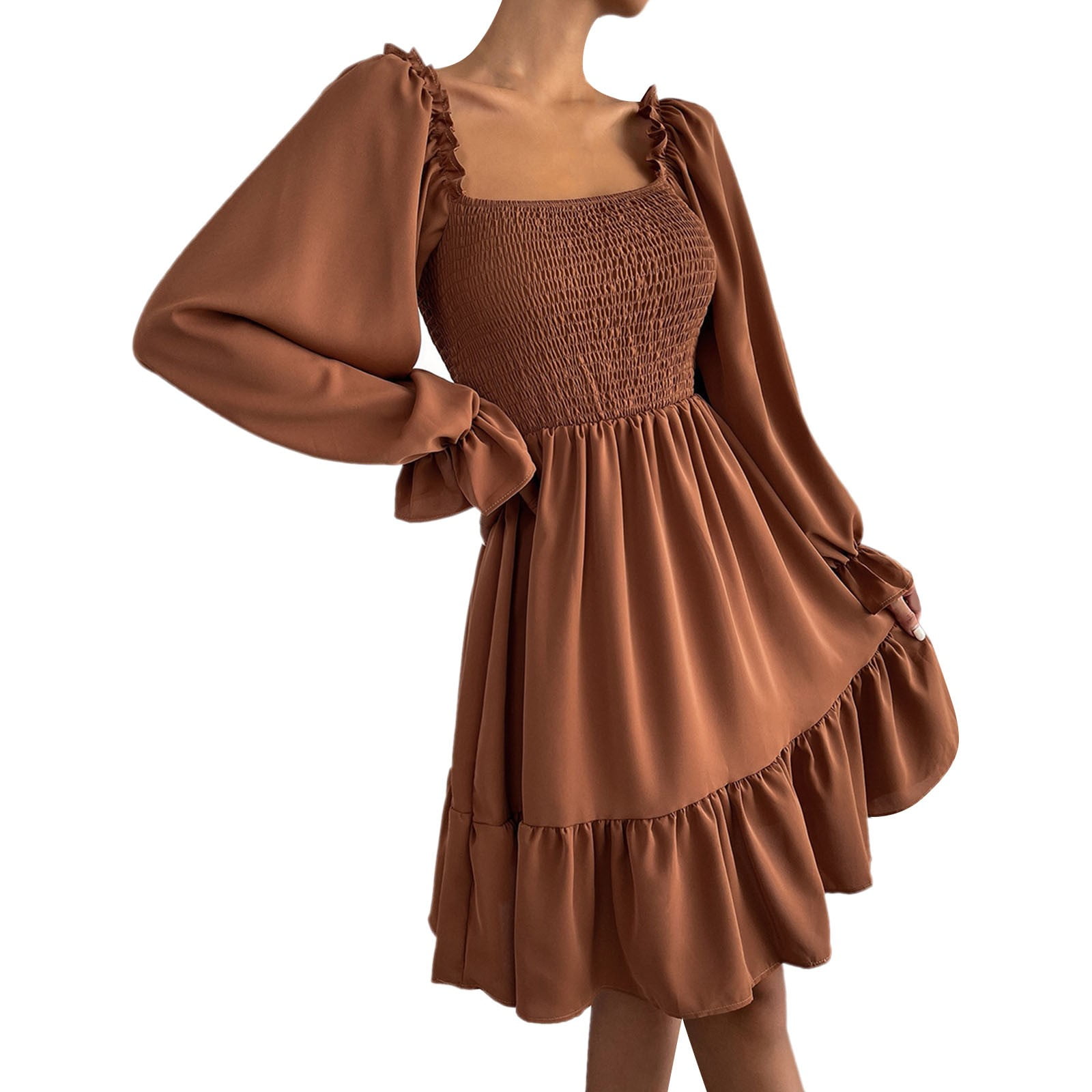 Sngxgn Womens Fall Spring Deep V Neck Ruffle Long Sleeve Print Mini ...